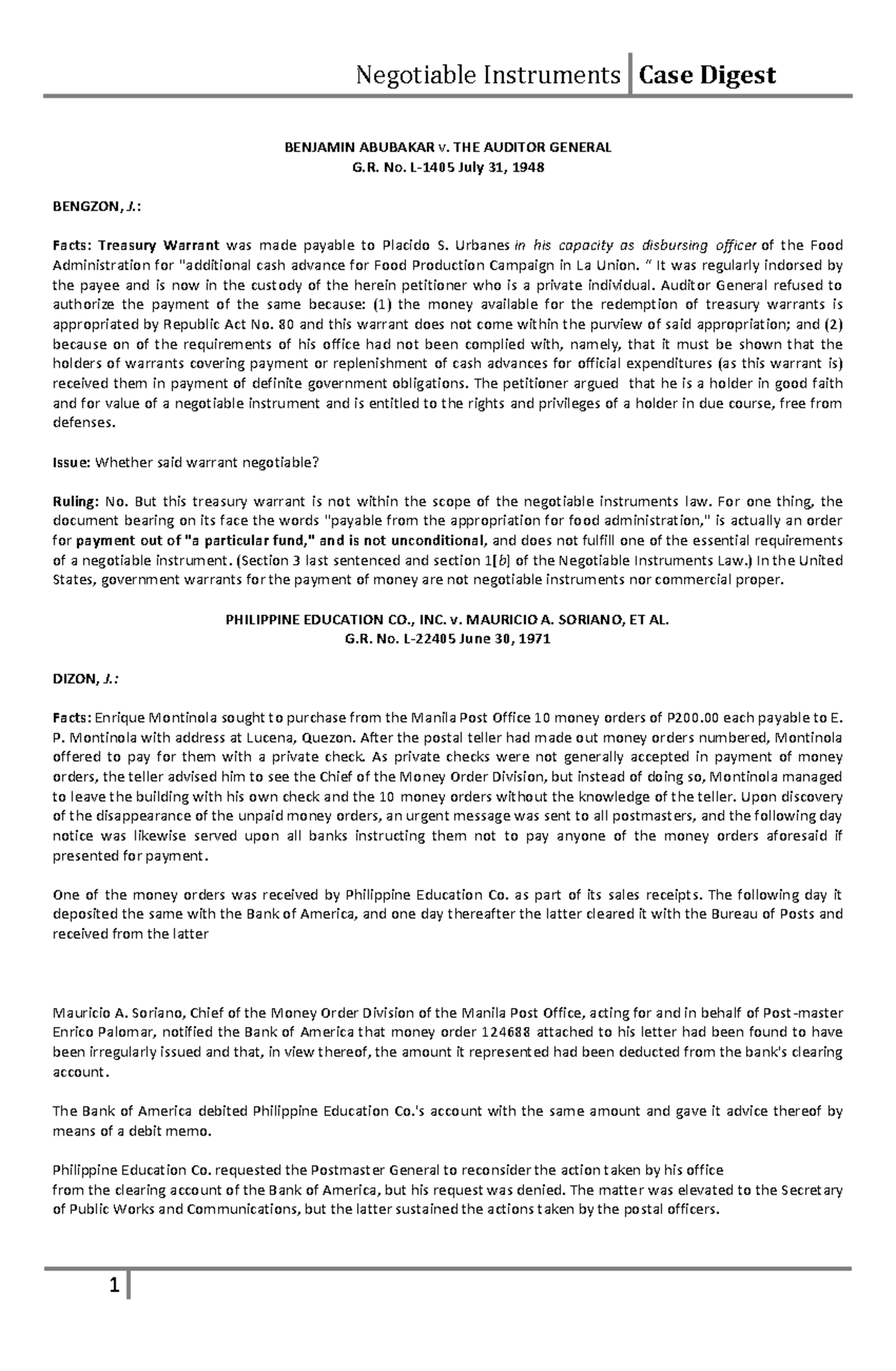 252057493 Negotiable Instruments Case Digest - BENJAMIN ABUBAKAR v. THE ...