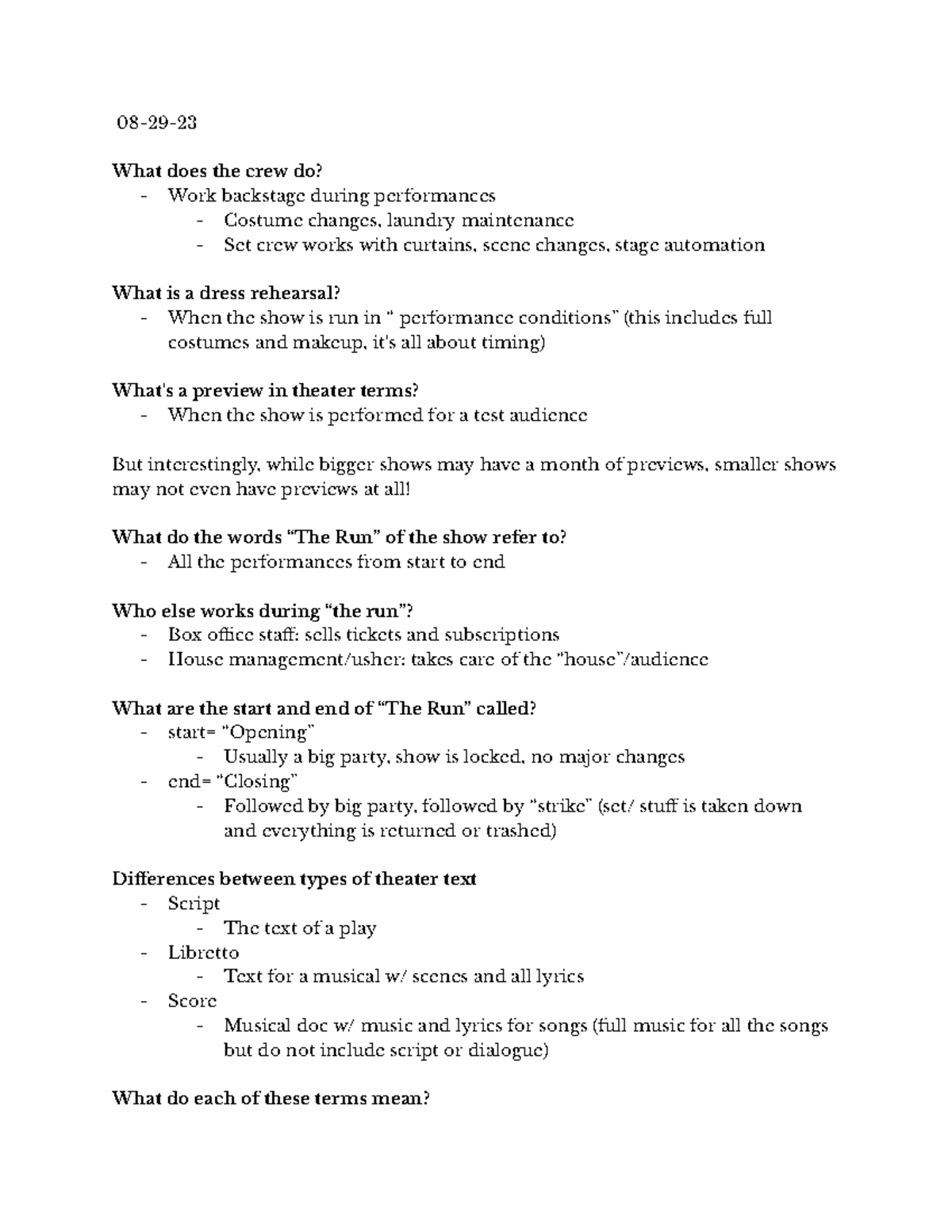 THEA 101 Notes AUG- Google Docs - 08-29- What does the crew do? - Work ...