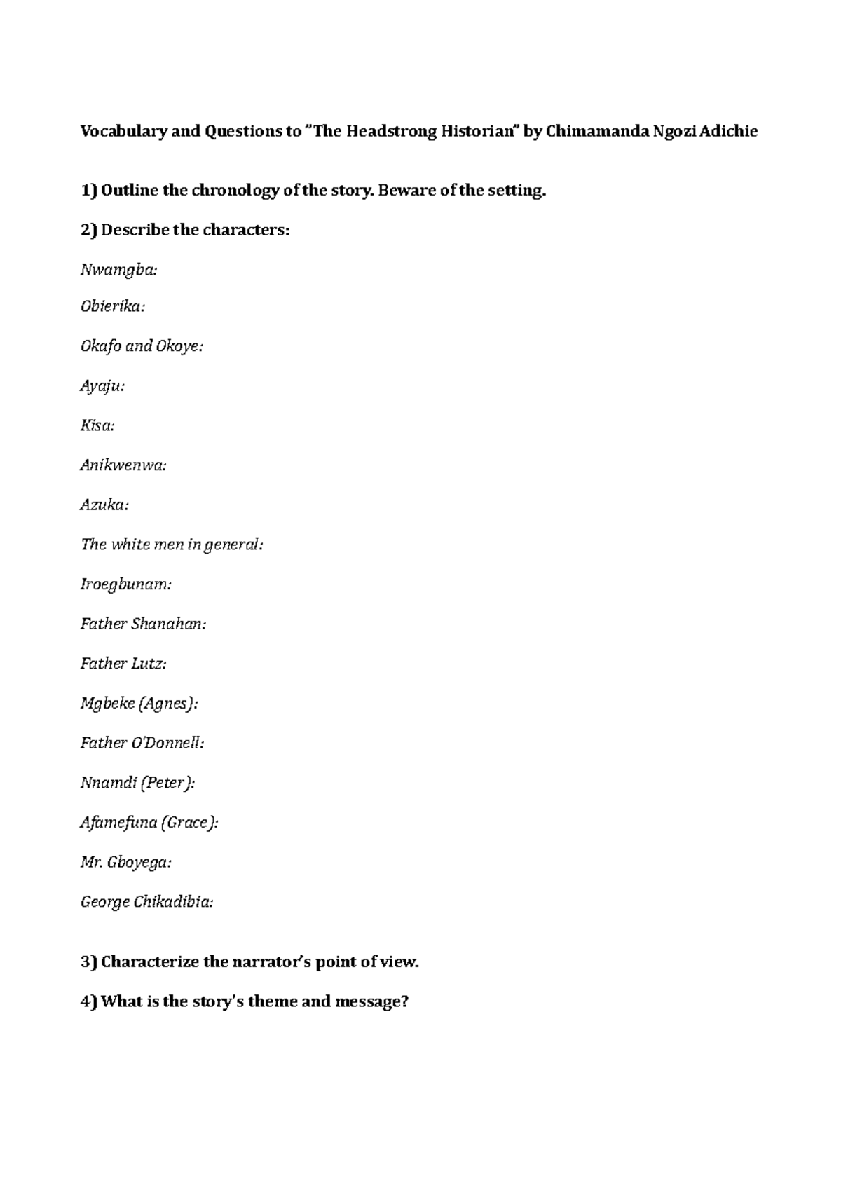 Vocabulary and questions to The Headstrong Historian by Chimamanda ...