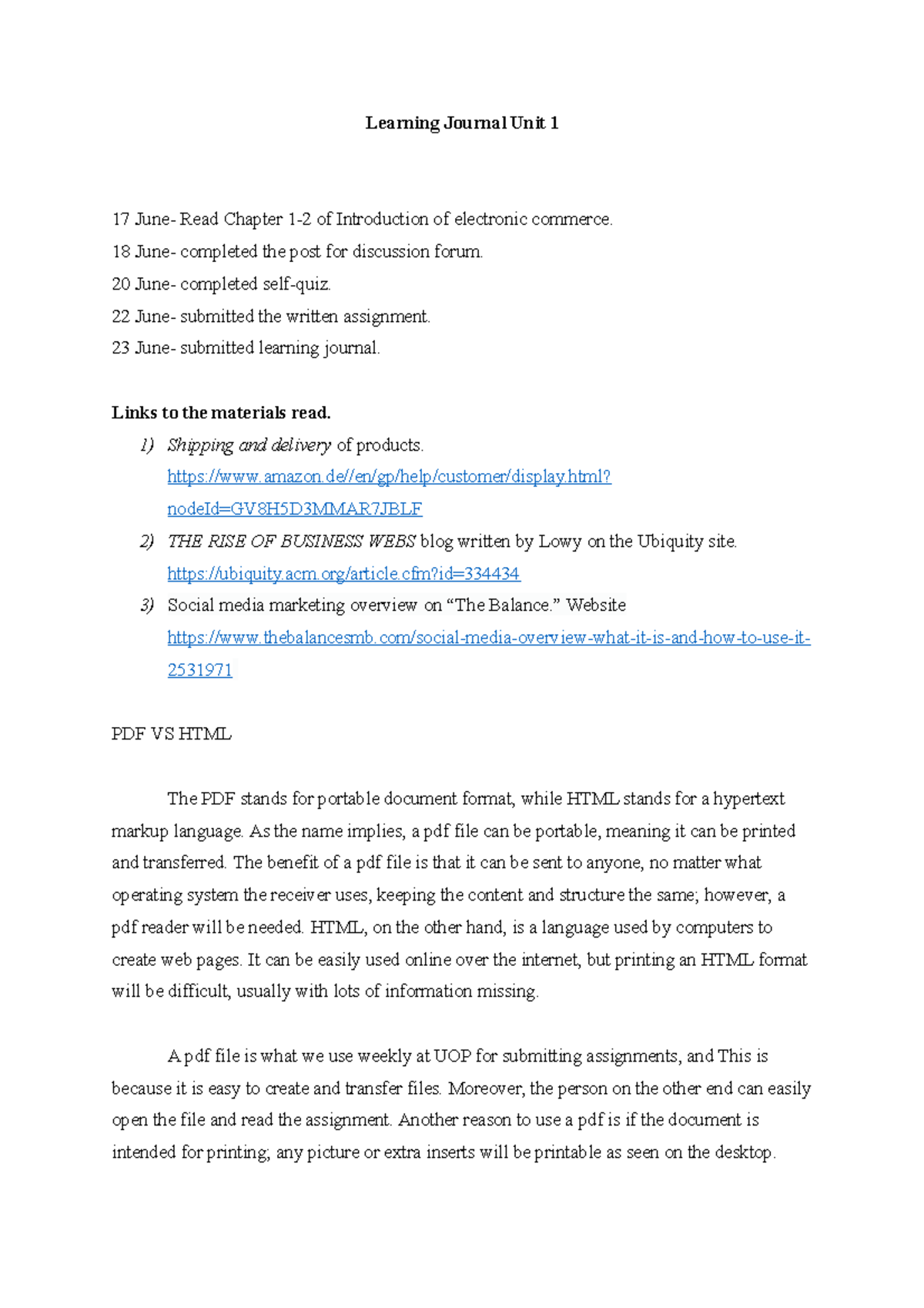 BUS2202 Learning Journal Unit 1 - Learning Journal Unit 1 17 June- Read Chapter 1-2 of ...