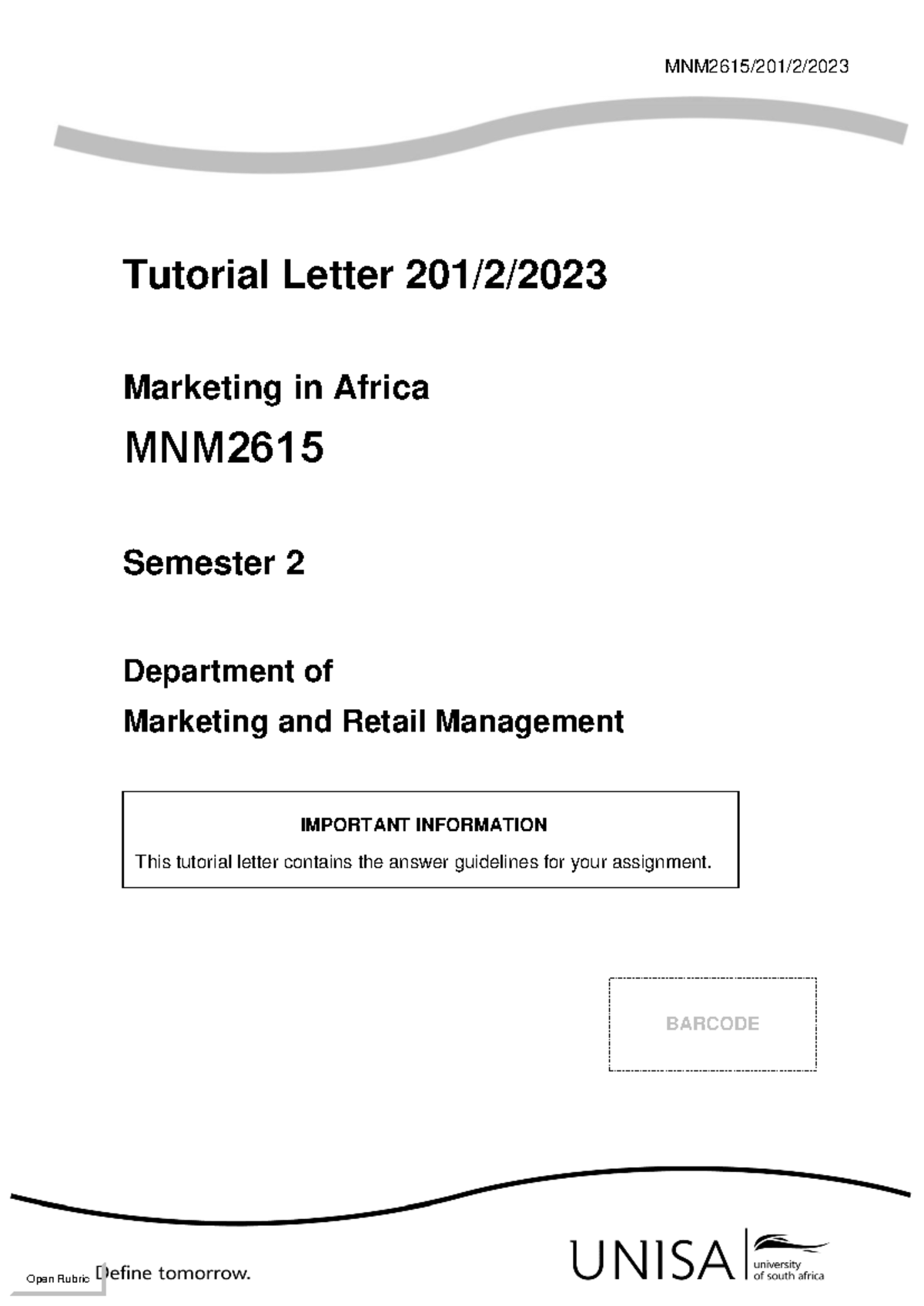 DMRM TL 201 2022 MNM2615 S2 E - Tutorial Letter 201/2/ 2023 Marketing ...