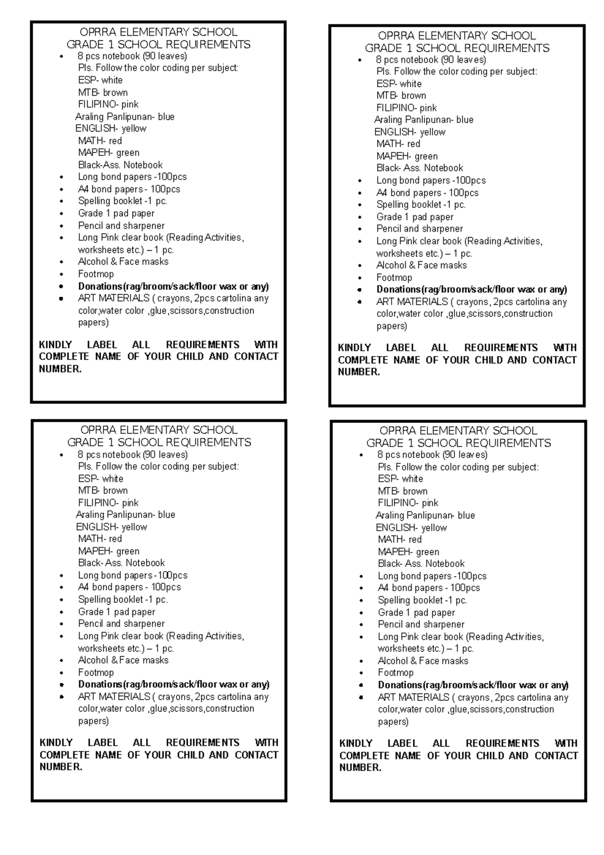 Sch For Requirements In BSCS OPRRA ELEMENTARY SCHOOL GRADE 1 SCHOOL