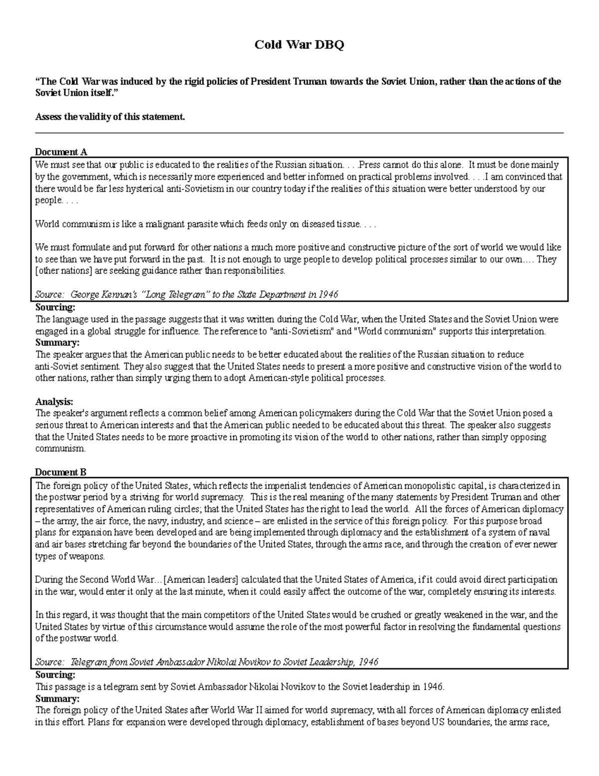 Cold War Fault DBQ 2018 - Cold war - Cold War DBQ “The Cold War was ...