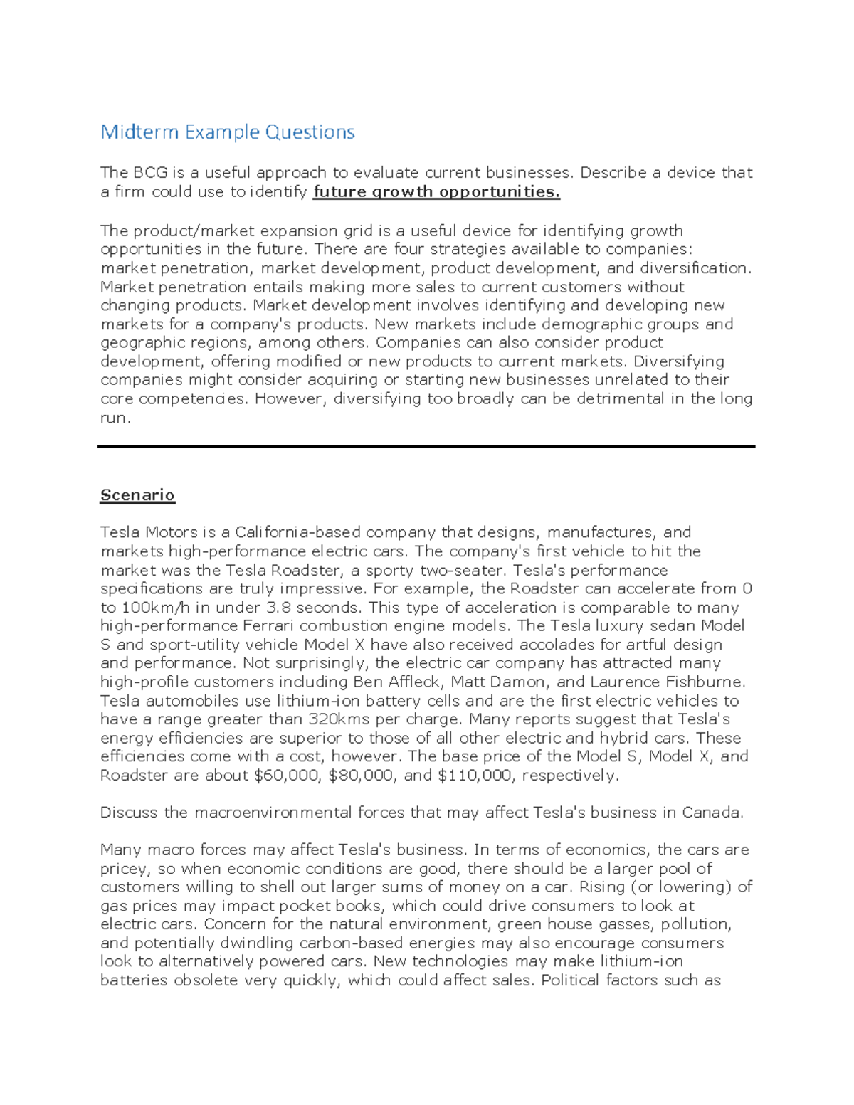 Mid Term Example Questions - Midterm Example Questions The BCG is a ...