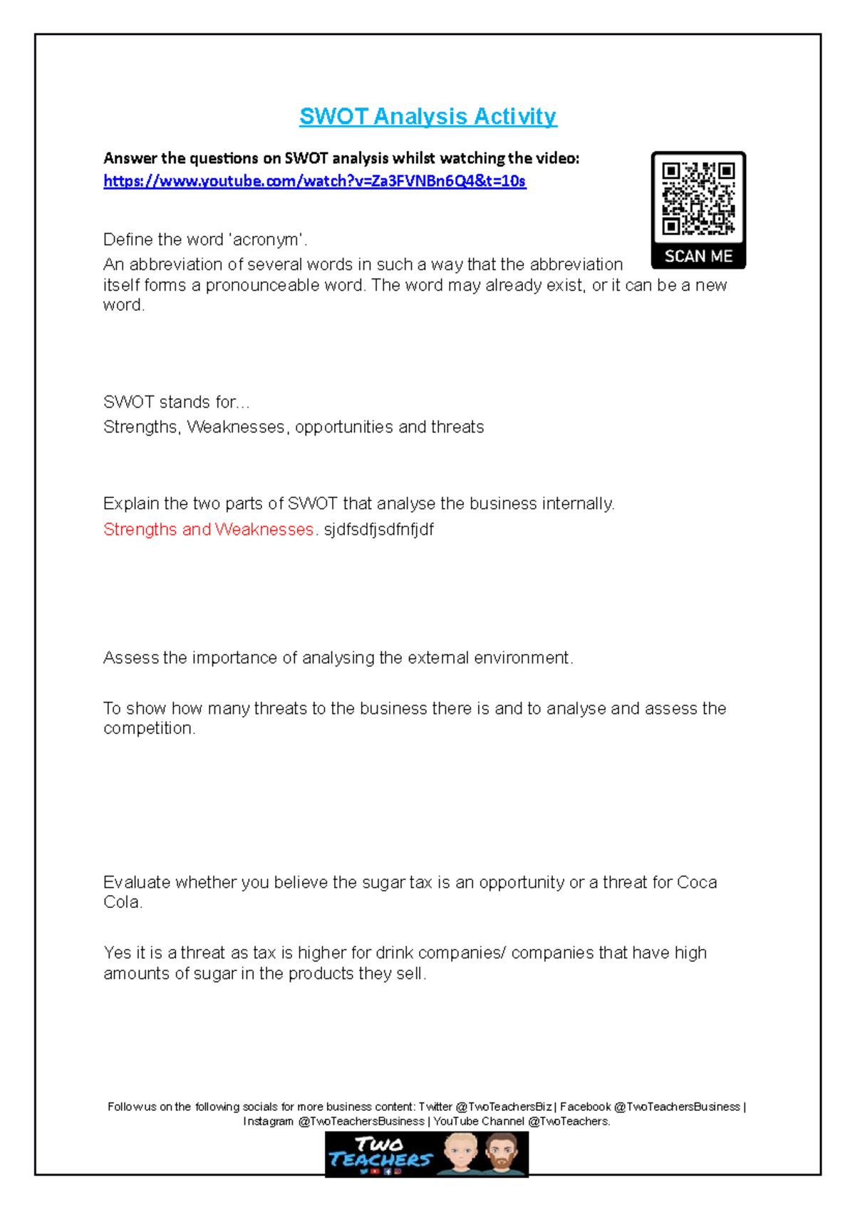 SWOT analysis activity sheet - SWOT Analysis Activity Answer the ...