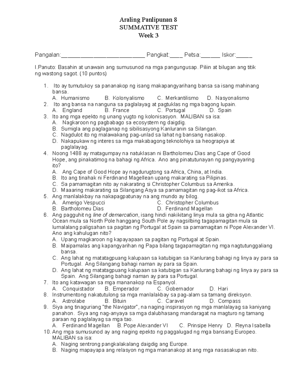 AP8-Q3-Summative Test-Week 2-3 - Araling Panlipunan 8 SUMMATIVE TEST ...