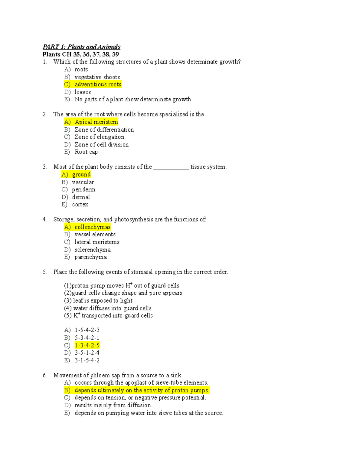 Final Exam Practice Test - PART 1: Plants and Animals Plants CH 35, 36 ...