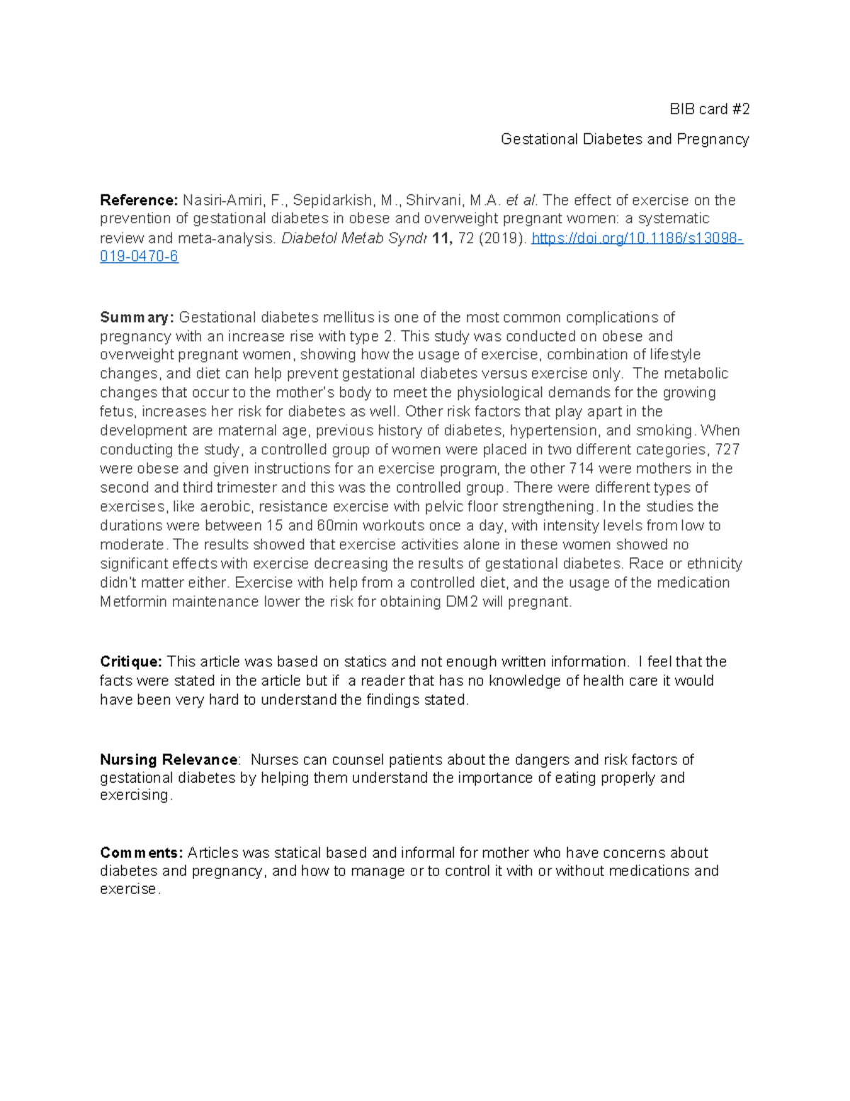 BIB card #2 - complete - BIB card # Gestational Diabetes and Pregnancy ...