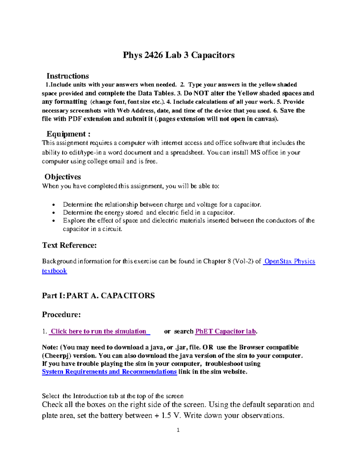 Phys 2426 Lab 3 Capacitor - Phys 2426 Lab 3 Capacitors Instructions 1 units with your answers ...