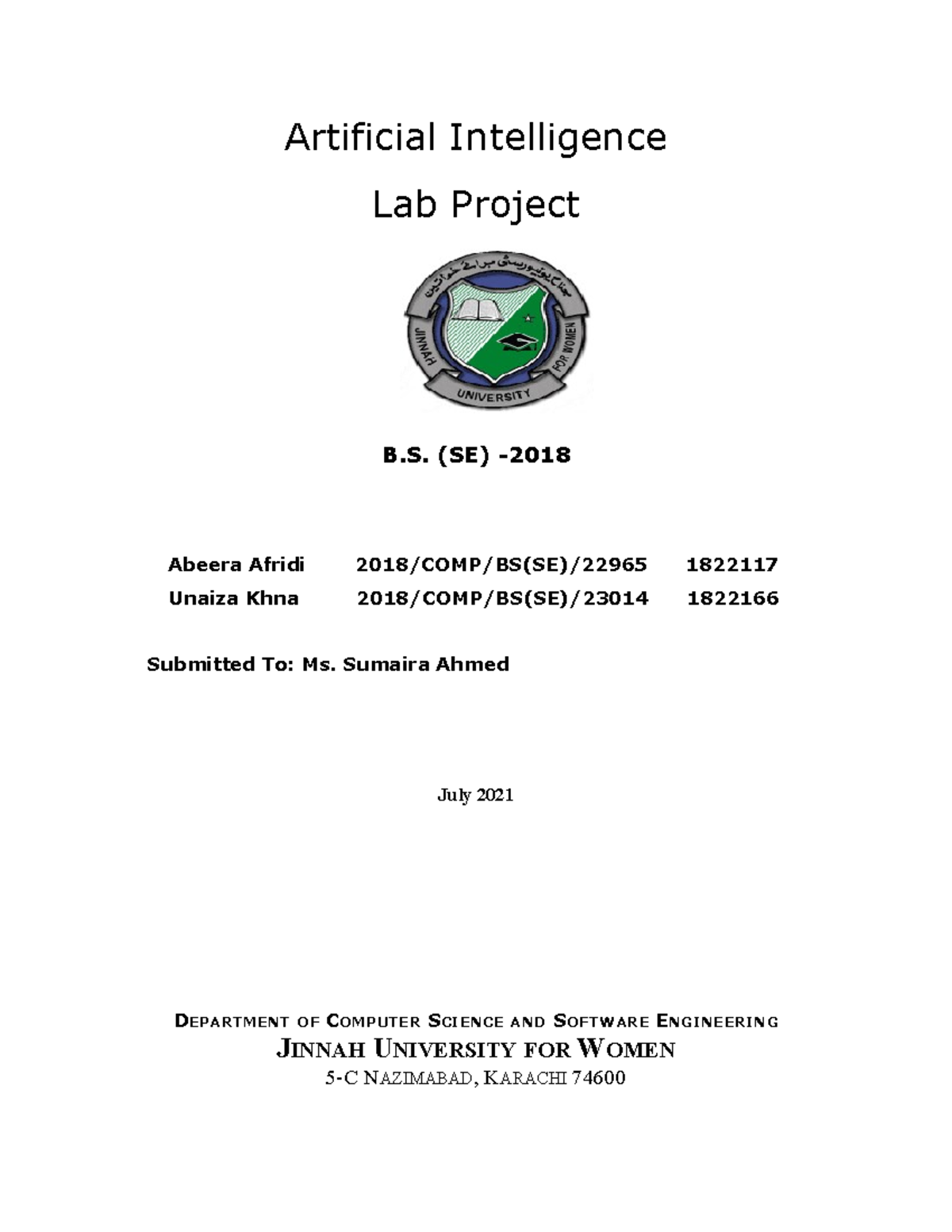 AI Project report document pdf - Artificial Intelligence Lab Project B ...