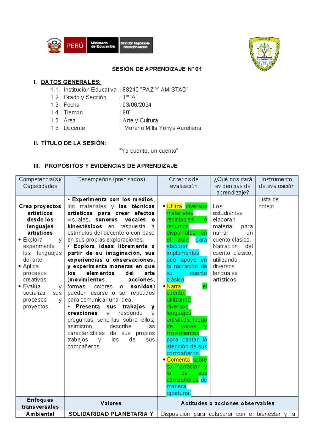 Sesion 1 Yo cuento un cuento-Moreno Milla Yohys - SESIÓN DE APRENDIZAJE N° 01 I. DATOS GENERALES ...