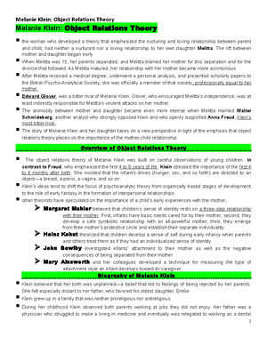Melanie Klein- object-relations theory - Melanie Klein: Object Relations Theory Melanie Klein ...