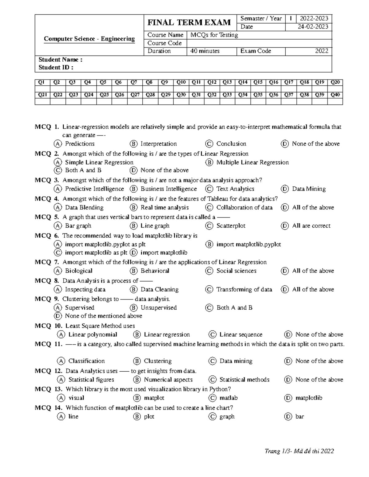 MCQs DA - MCQ about IoT - Computer Science - Engineering FINAL TERM EXAM Semaster / Year 1 2022 ...