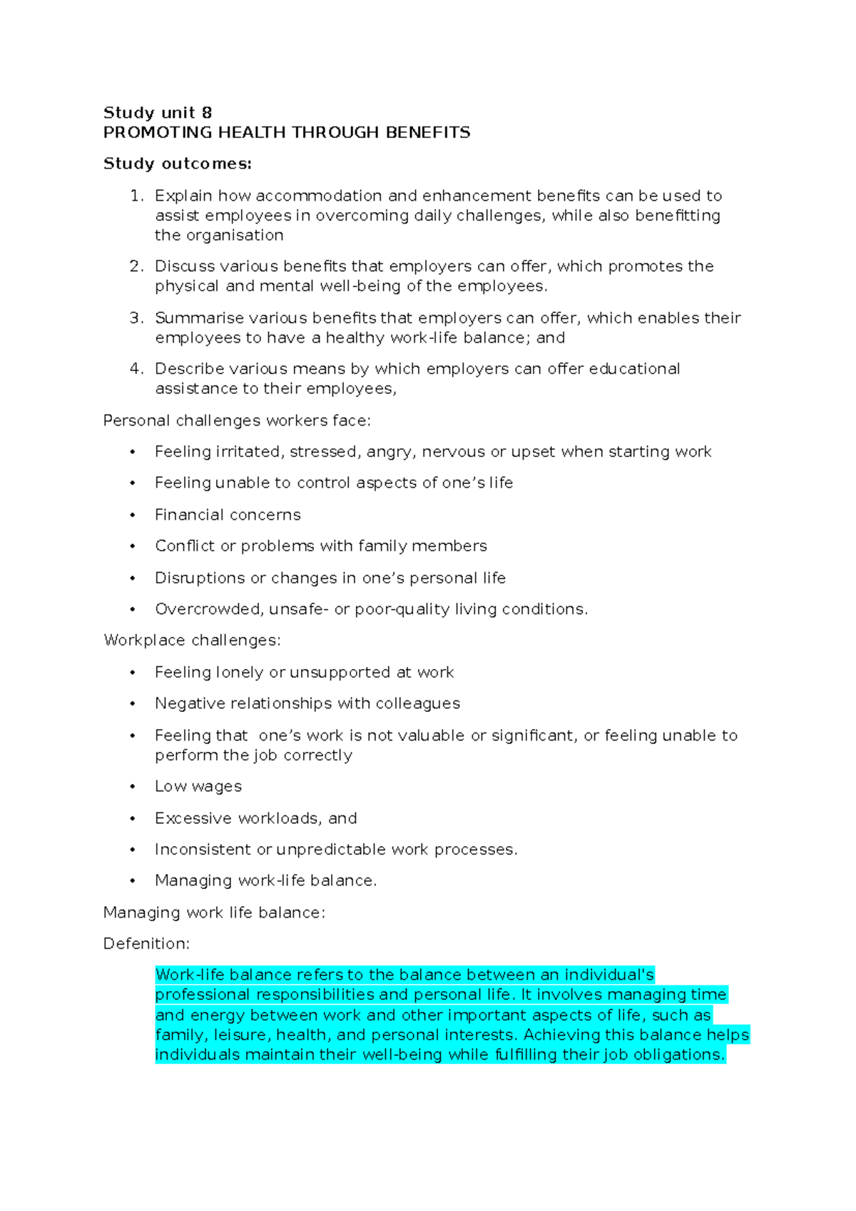 Study unit 8 summaries - Summary - Study unit 8 PROMOTING HEALTH ...