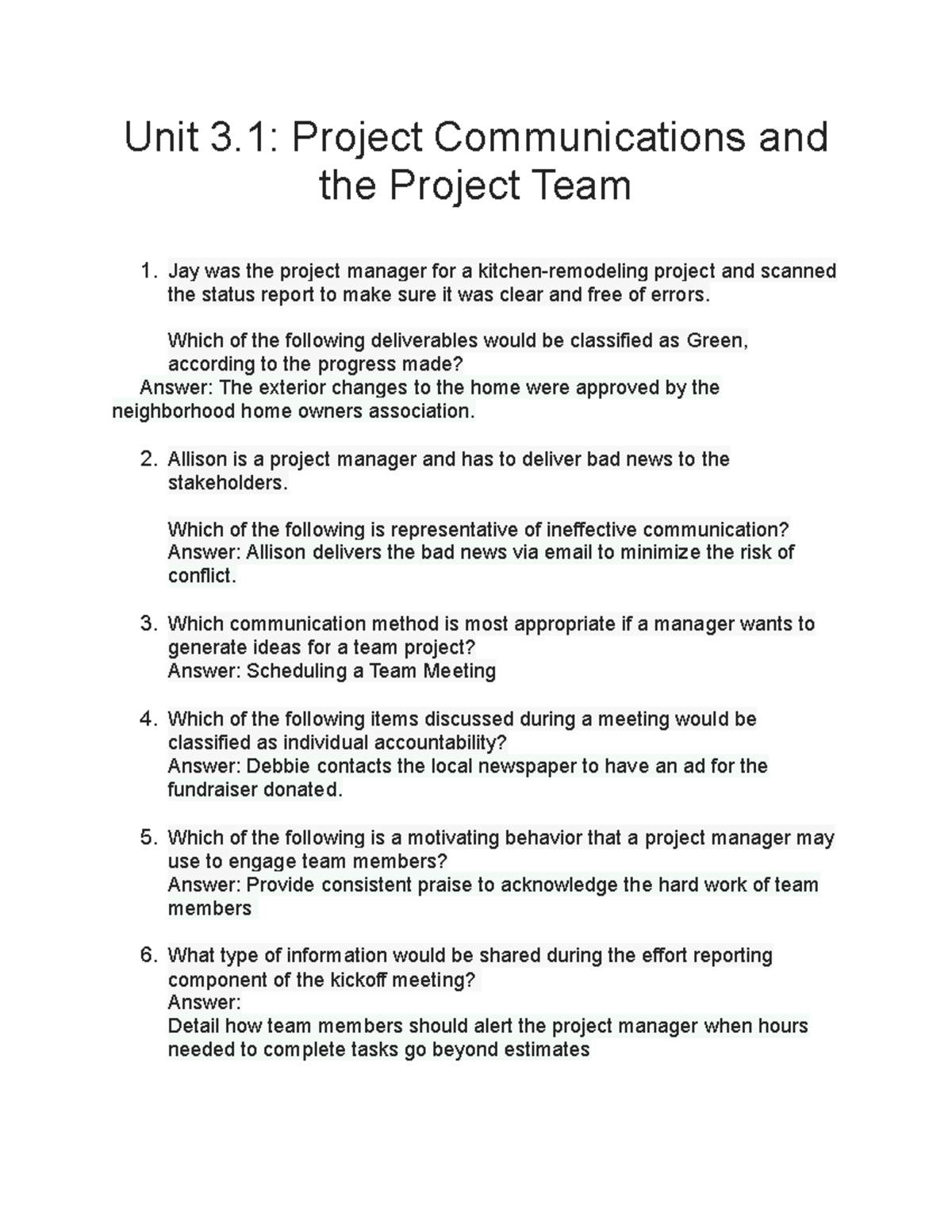 Unit 3.1 Project Management - Unit 3: Project Communications and the ...