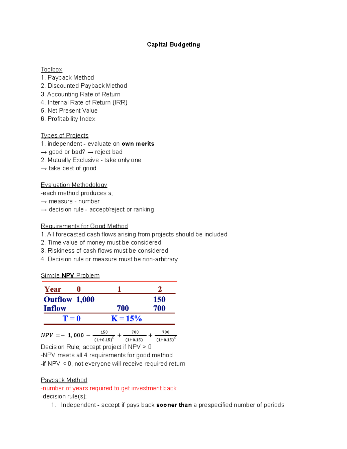 BU223 - Capital Budgeting pt 1 - Capital Budgeting Toolbox Payback Method Discounted Payback ...