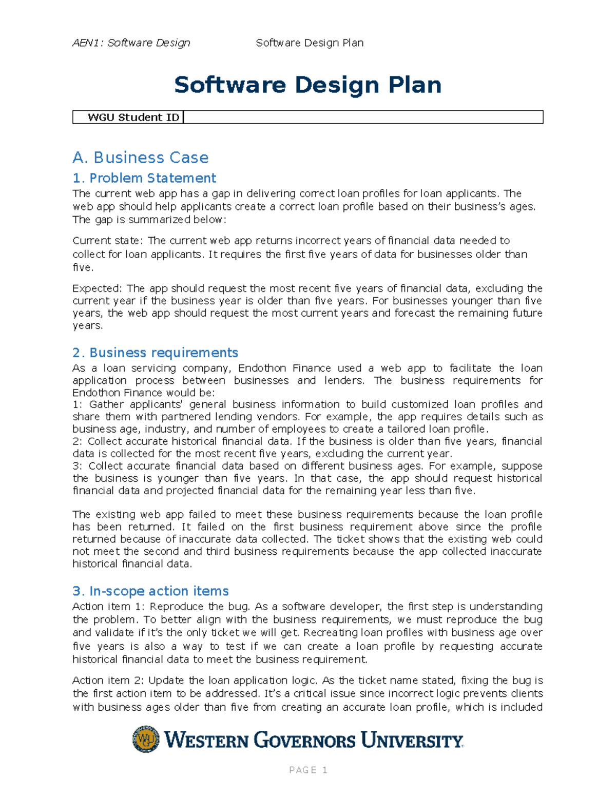 Software Design Plan - Task 1 - Software Design Plan WGU Student ID A ...