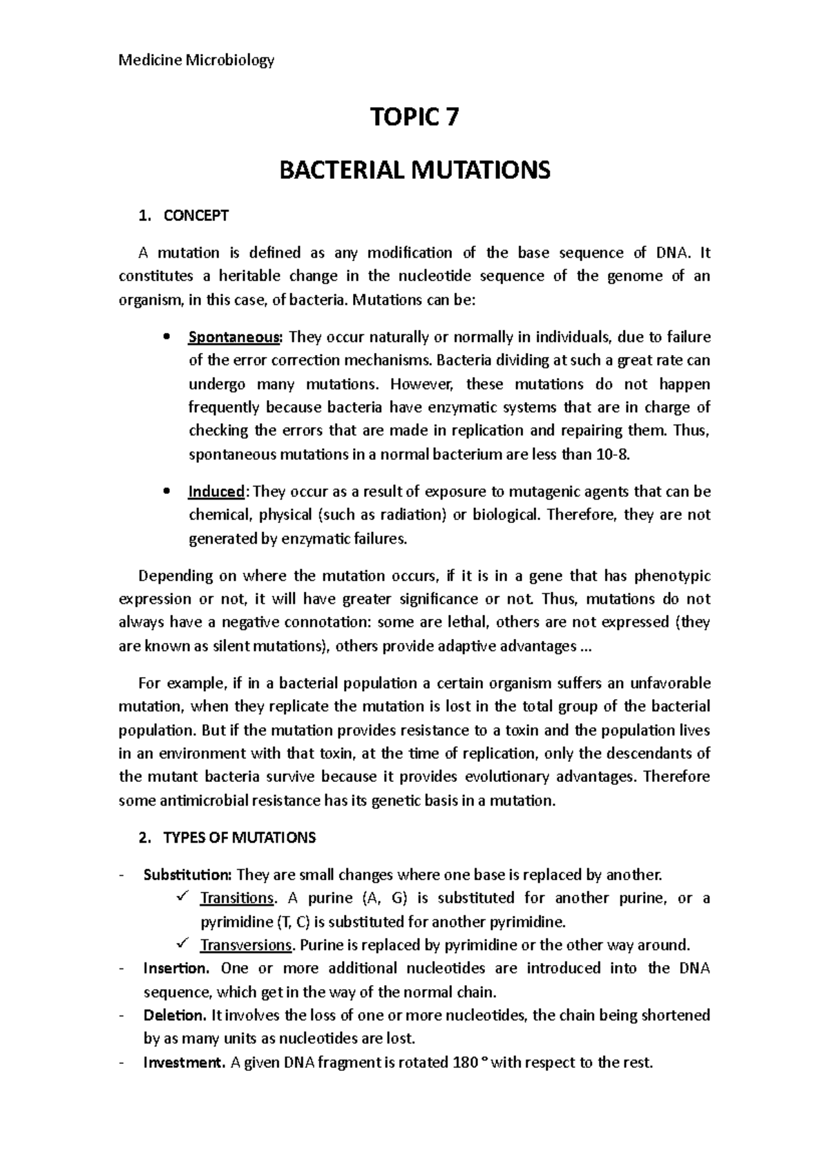 Unit 7 - Lecture notes 7 - TOPIC 7 BACTERIAL MUTATIONS 1. CONCEPT A ...