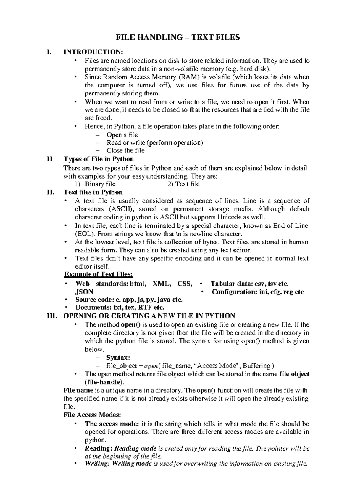 FILE Handling Practice - FILE HANDLING – TEXT FILES I. INTRODUCTION: Files are named locations ...