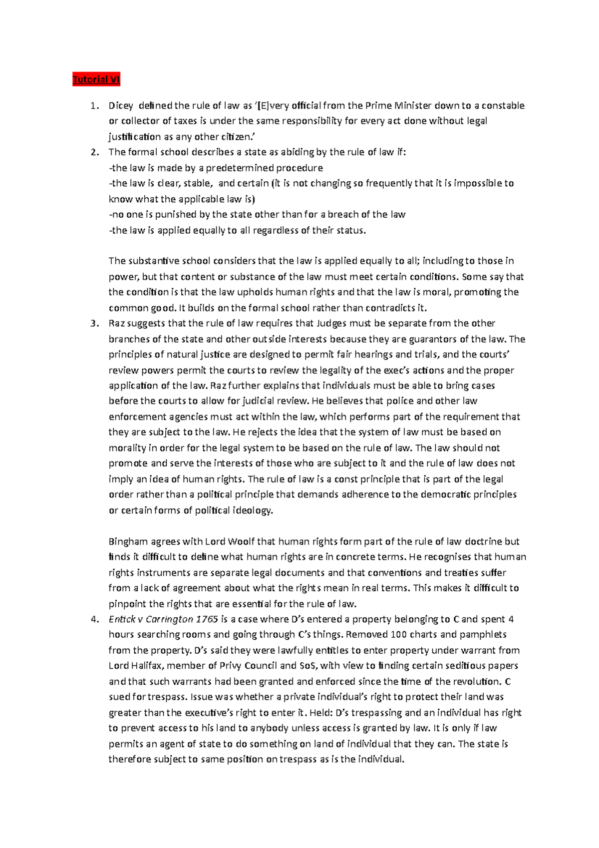 Tutorial VI - The rule of law - Tutorial VI Dicey defined the rule of ...