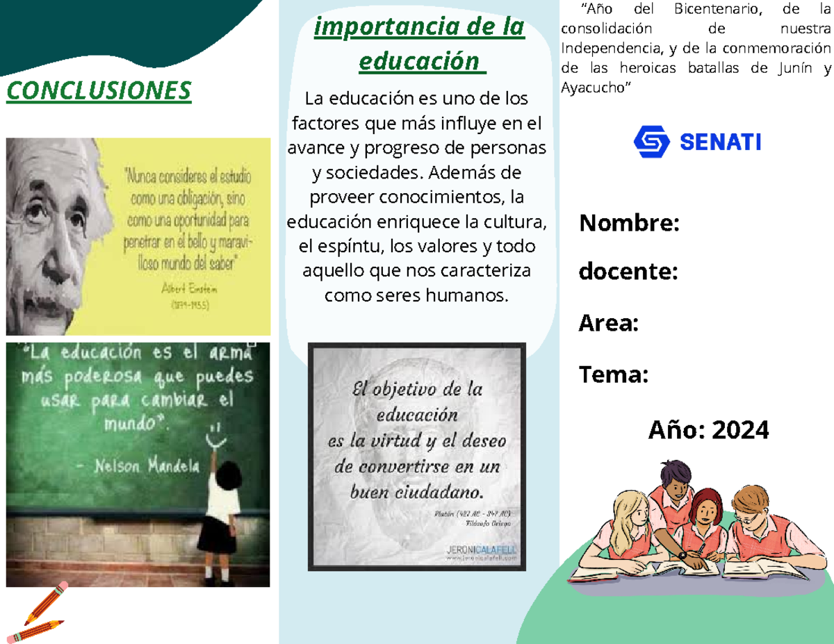 Tríptico de la imprtancia de la educación - Nombre: docente: Area: Tema ...