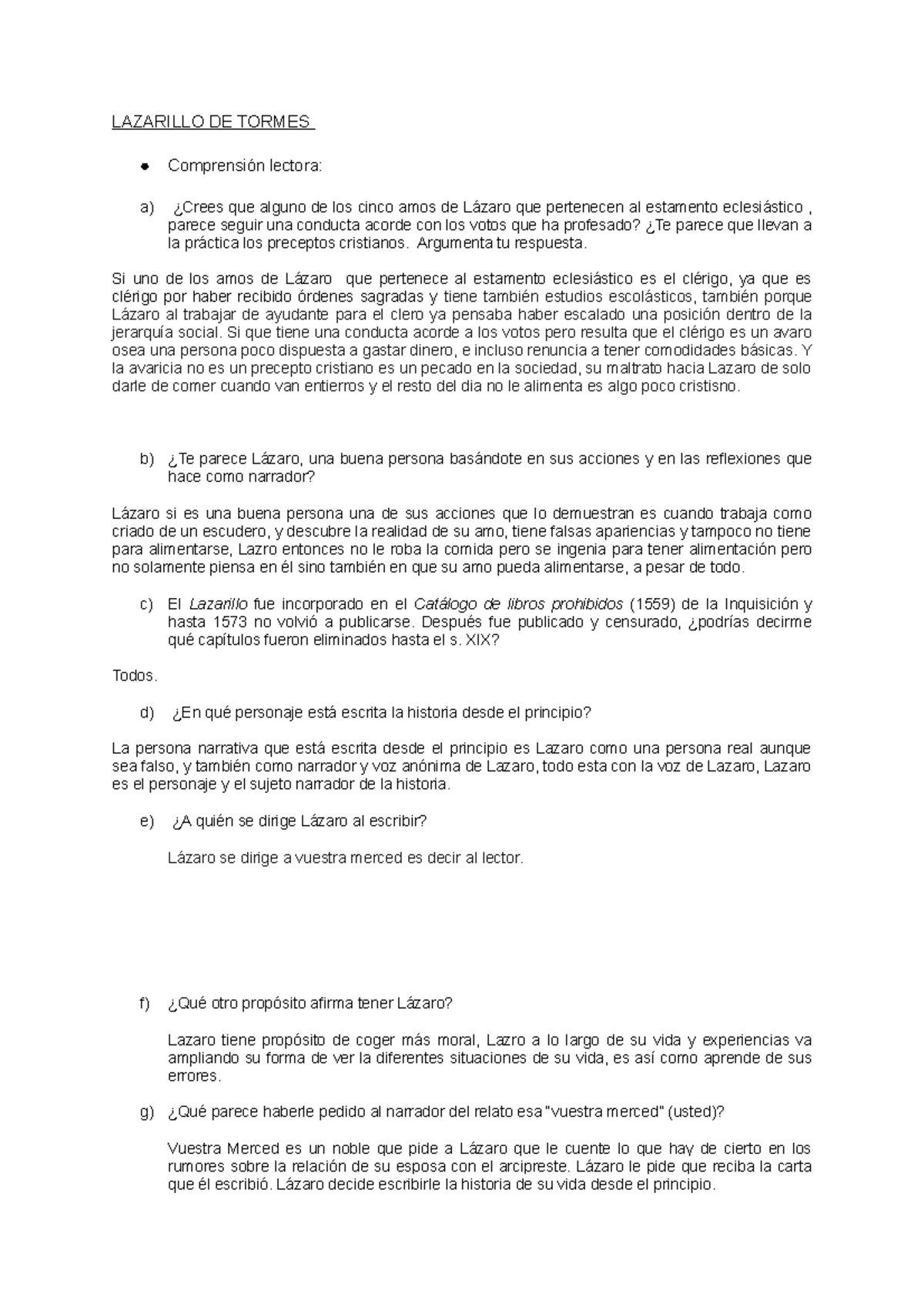 Lazarillo DE Tormes - LAZARILLO DE TORMES Comprensión lectora: a ...