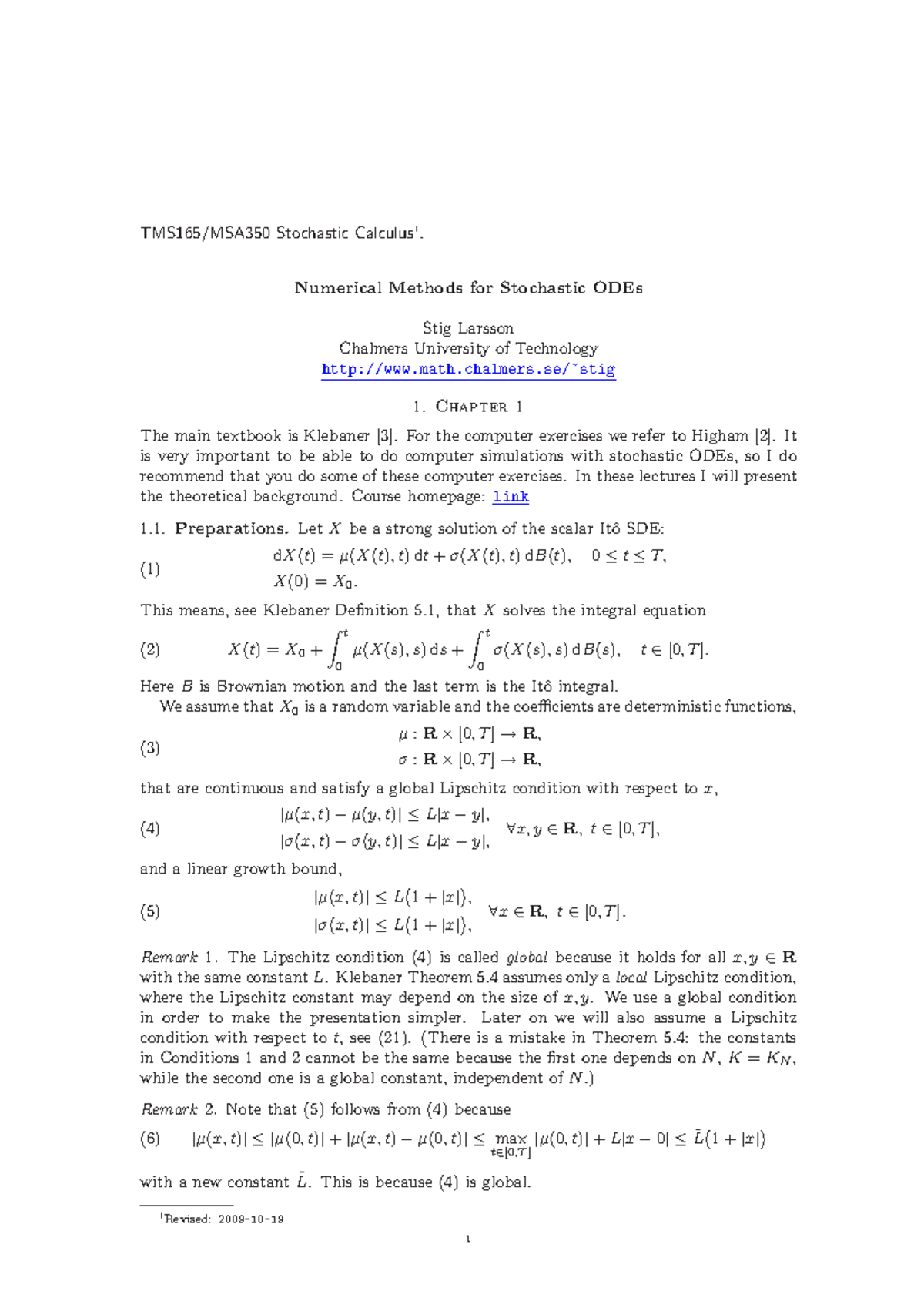 Lecture notes - Numerical Methods - Stochastic Calculus 2014 ...