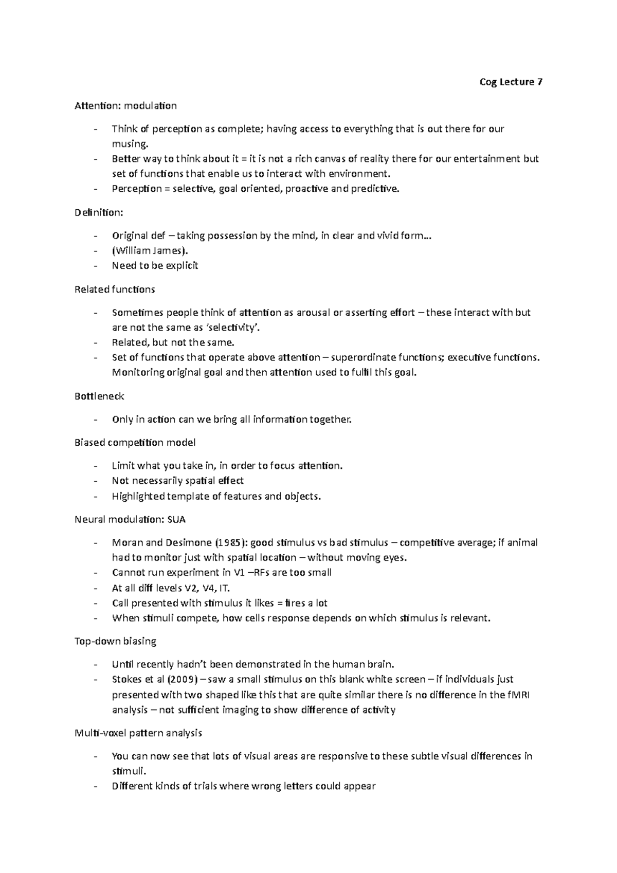 Cog Lecture 7 Notes Cog Lecture 7 Attention Modulation Think Of Perception As Complete