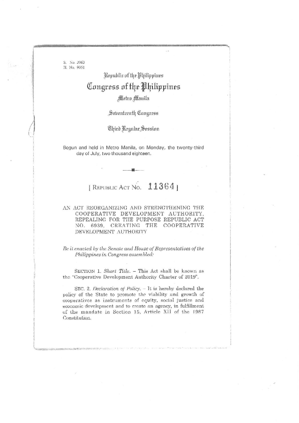 2019 0808 RA 11364 RRD - Coop - aan i gids re ke itt sos S. No. 2063 H ...