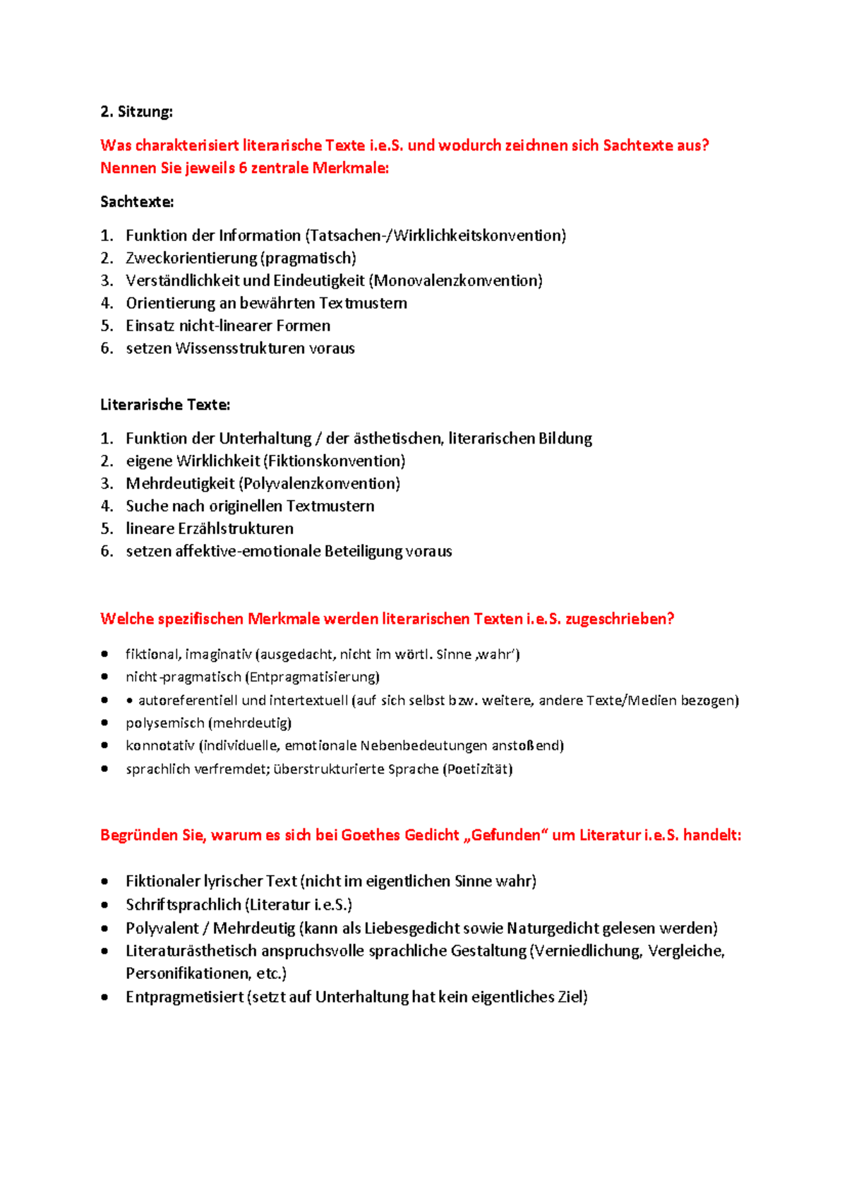 Lernzettel Deutsch - SoSe - 2. Sitzung: Was charakterisiert literarische Texte i.e. und wodurch ...