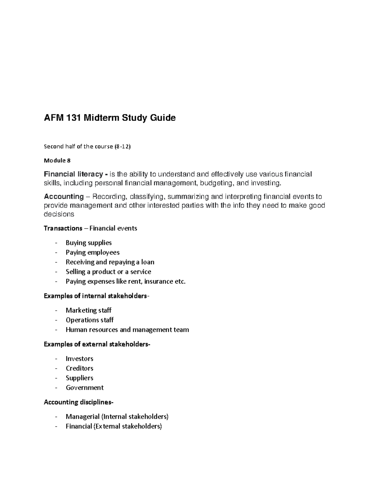 AFM Study Guide - AFM 131 Midterm Study Guide Second half of the course ...