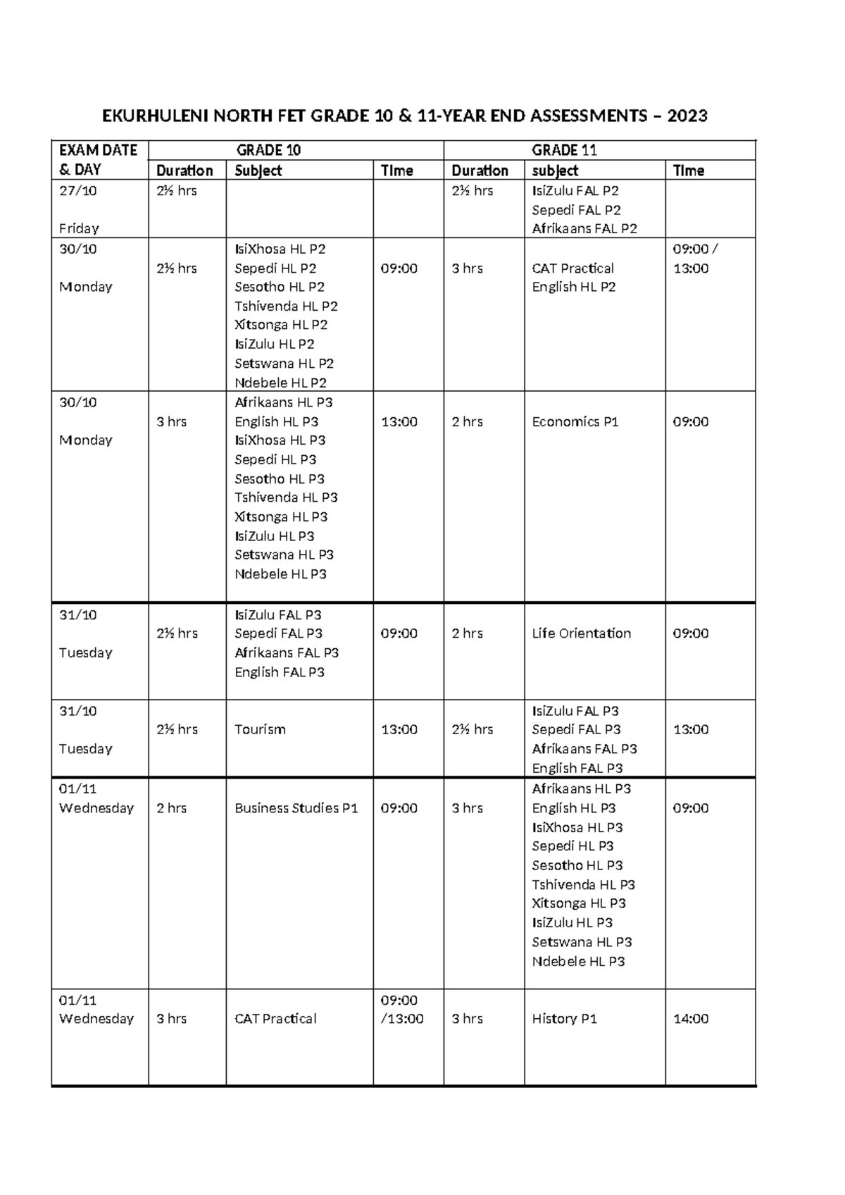 Grade 10 - 11 END OF THE YEAR EXAM TIME Table - EXAM DATE Monday Monday ...
