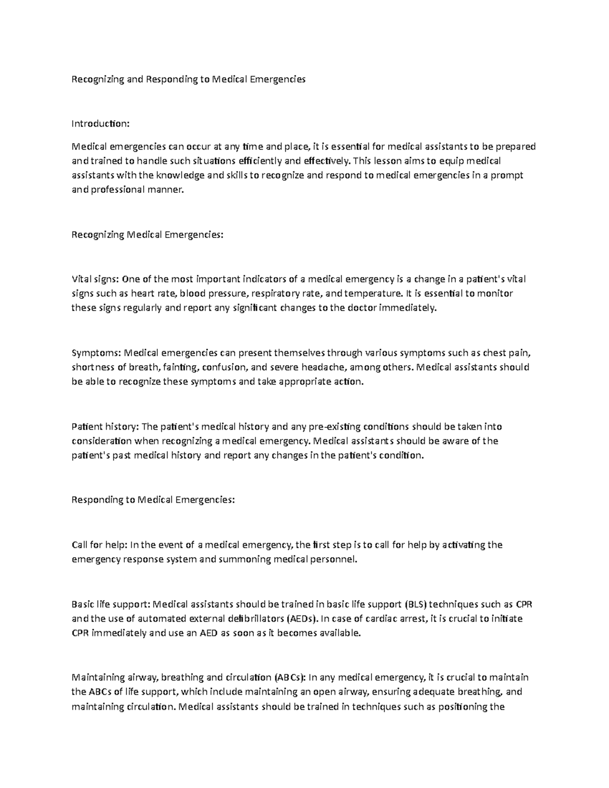 Recognizing and Responding to Medical Emergencies - Recognizing and ...