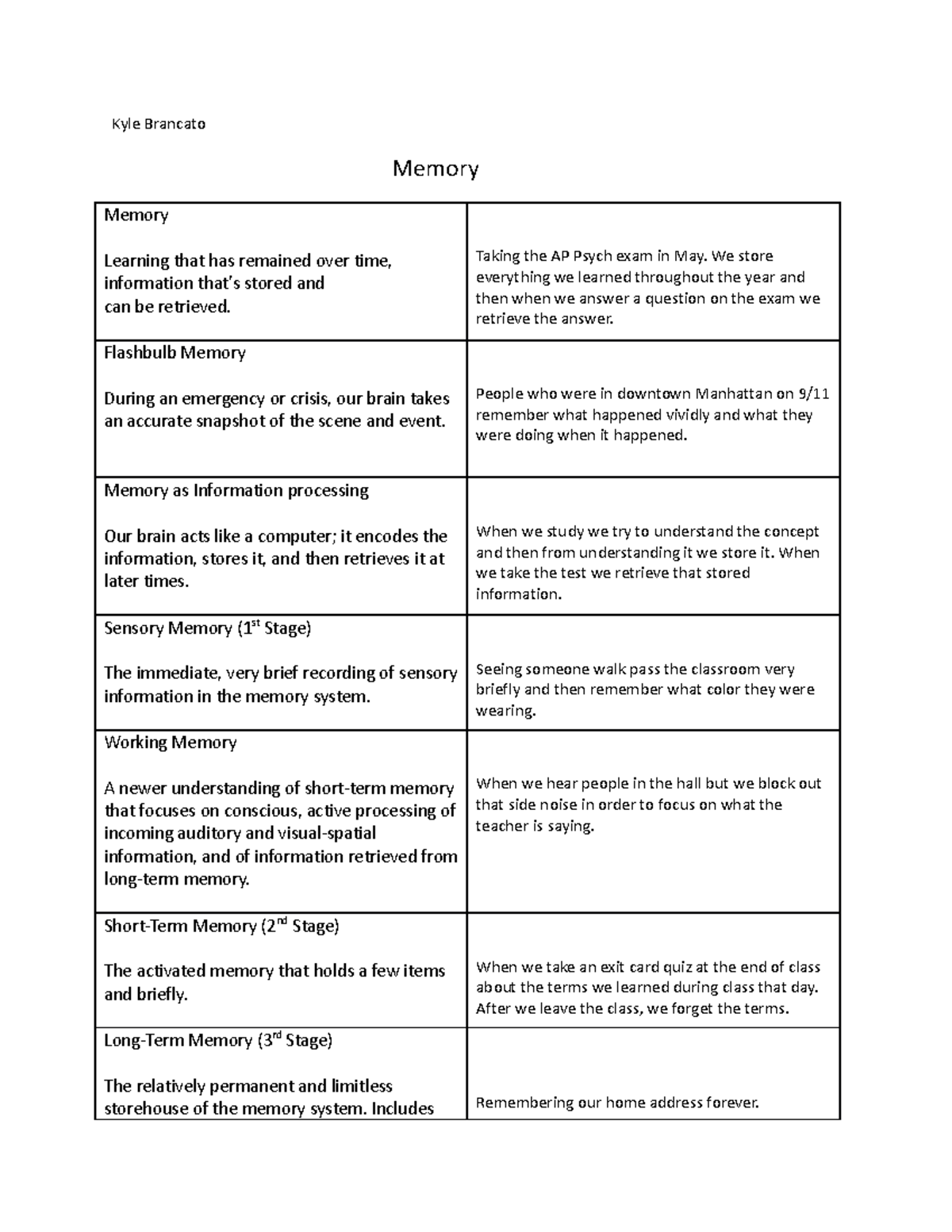 Memory and Cognition Guided Notes - Kyle Brancato Memory Memory ...