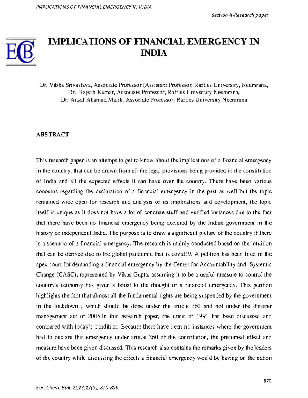 Implications OF Financial Emergency IN I - Section A-Research paper 870 IMPLICATIONS OF ...