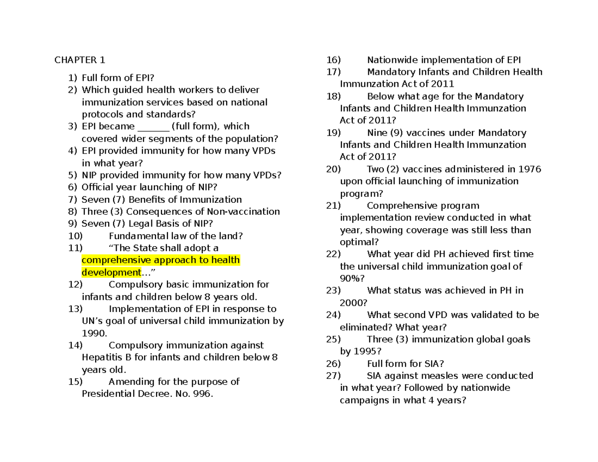 National Immunization Program - Sample Questionnaires - CHAPTER 1 Full ...