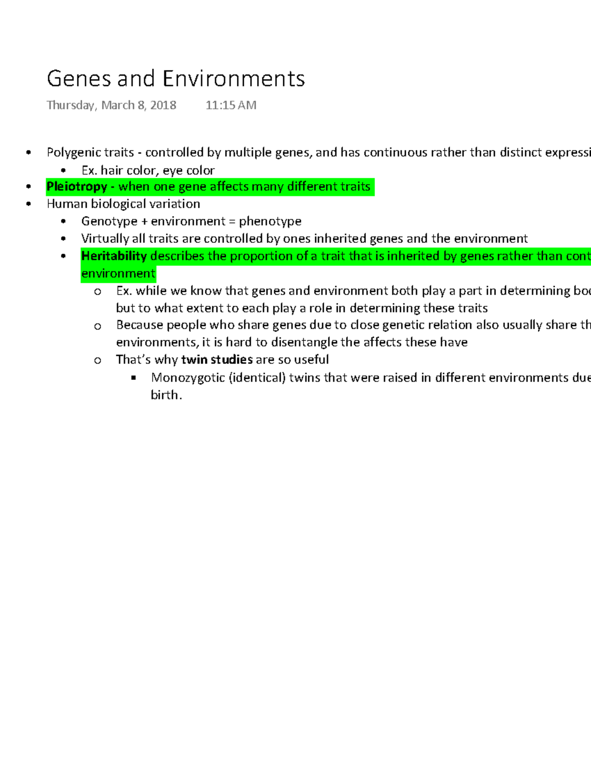 Genes and Environments - Warning: TT: undefined function: 32 Polygenic traits - controlled by ...