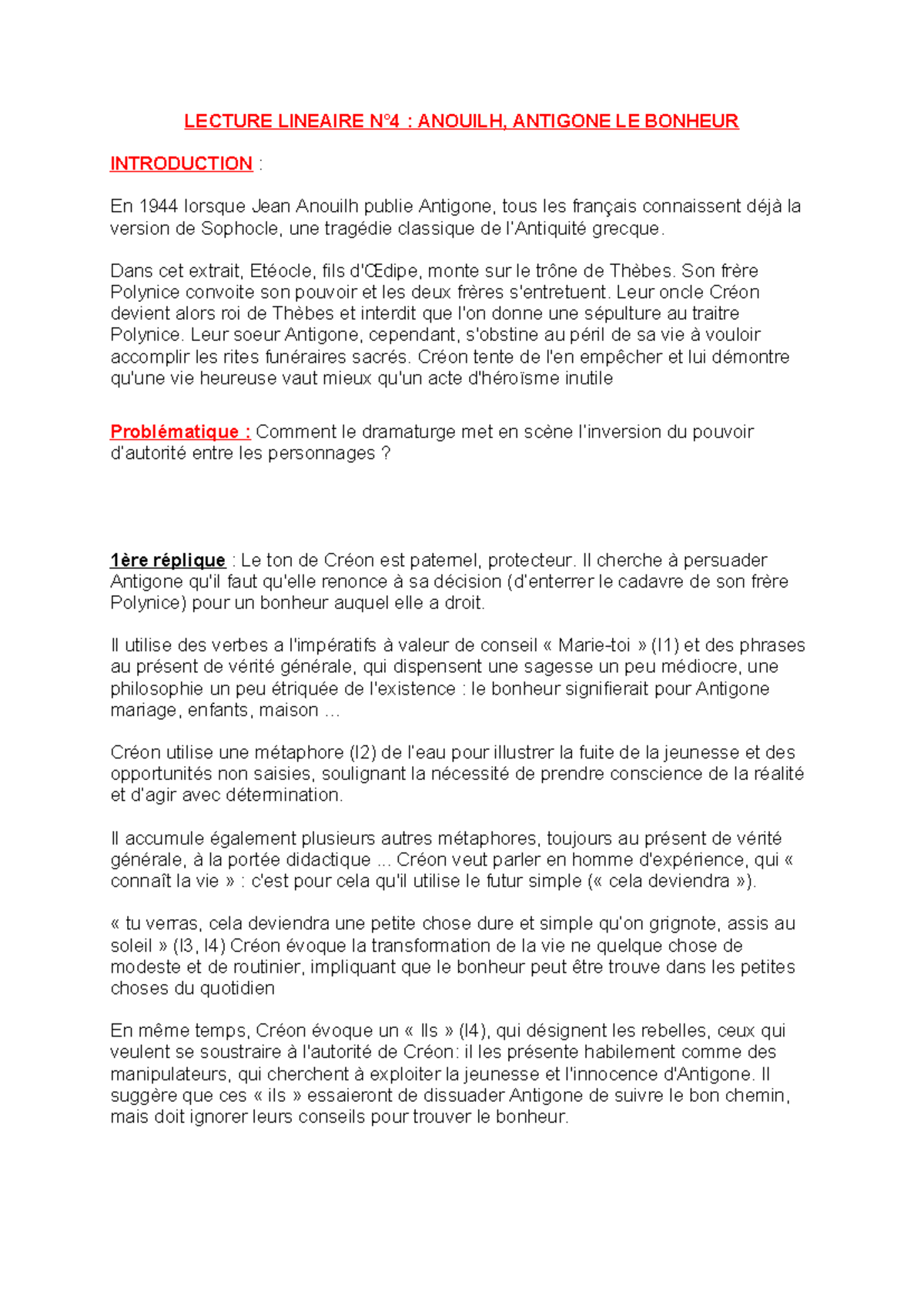 Lecture Linéaire Anouilh Antigone le Bonheur - LECTURE LINEAIRE N°4 ...