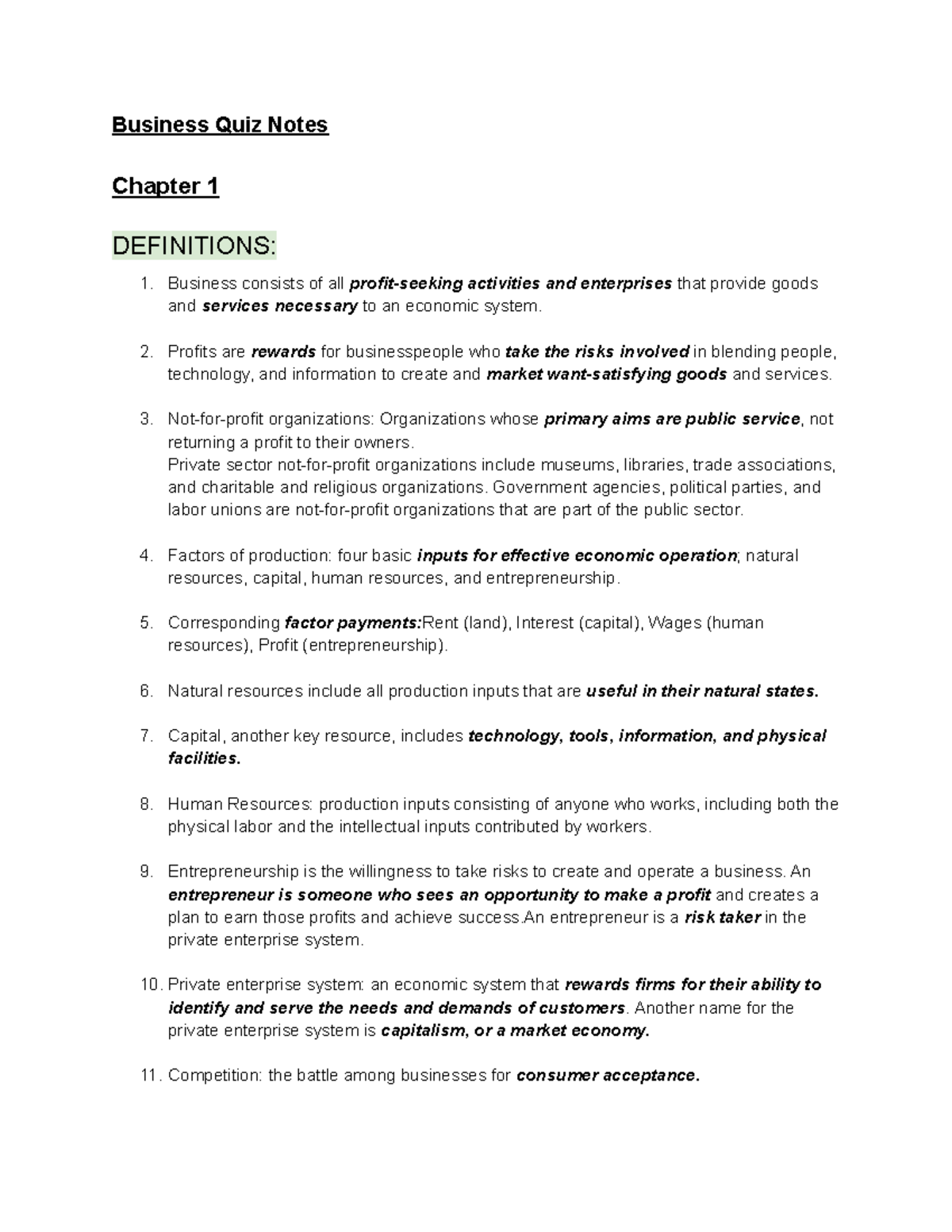 Business Notes - Sheet of definitions required for Quiz 1 - Business ...