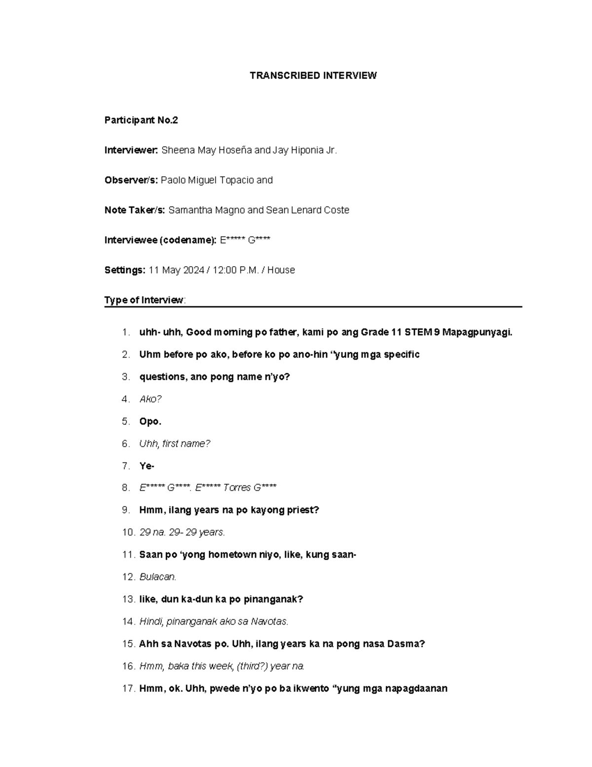 Group-1-Transcript Participant-2 - TRANSCRIBED INTERVIEW Participant No. Interviewer: Sheena May ...
