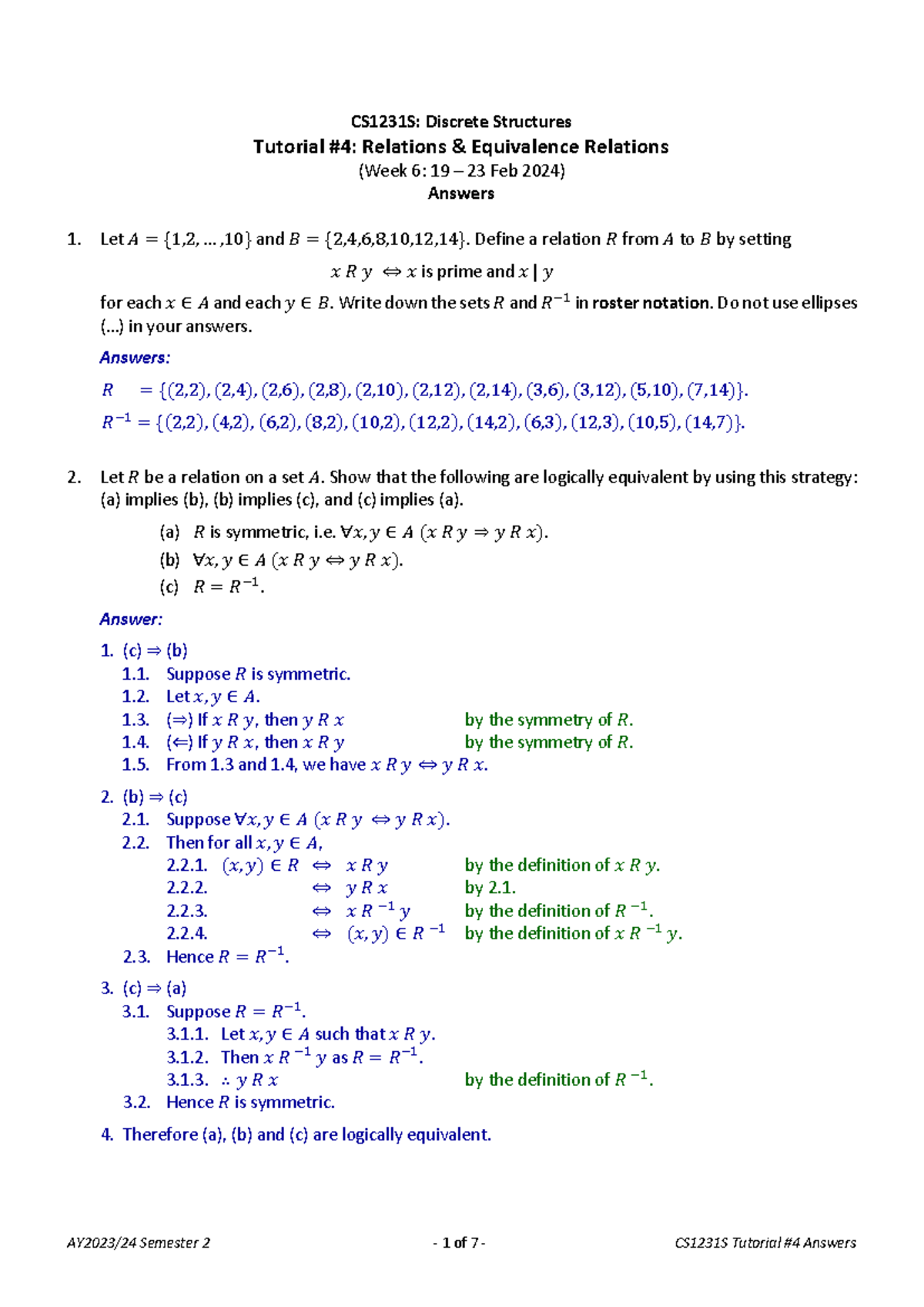 Tut04ans post - Ans - CS1231S: Discrete Structures Tutorial # 4 : Relations & Equivalence - Studocu
