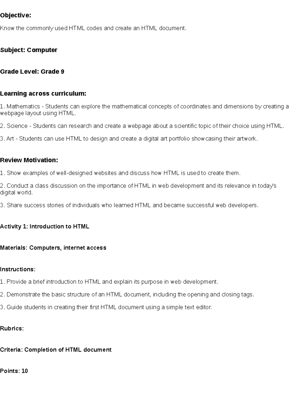 Lesson plan COM 9 - Objective: Know the commonly used HTML codes and ...