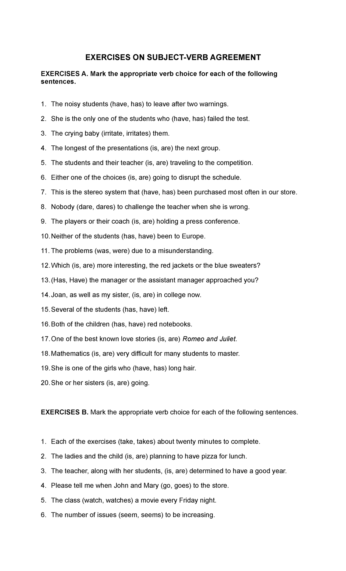 Exercise on Subject-Verb Agreement - EXERCISES ON SUBJECT-VERB ...