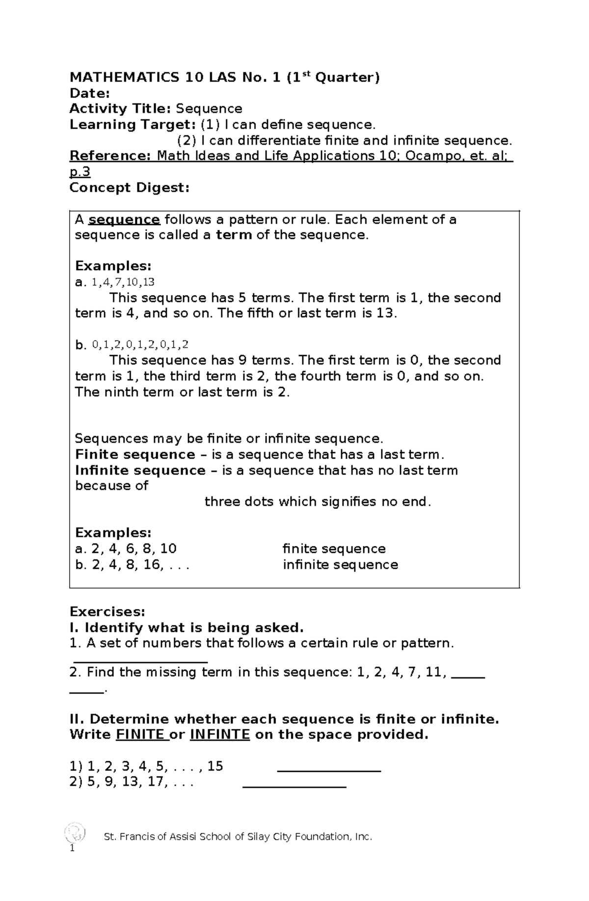 Mathematics 10 LAS First Quarter S.Y. 2022-2023 (pp. 14-22) - MATHEMATICS 10 LAS No. 1 ( st ...