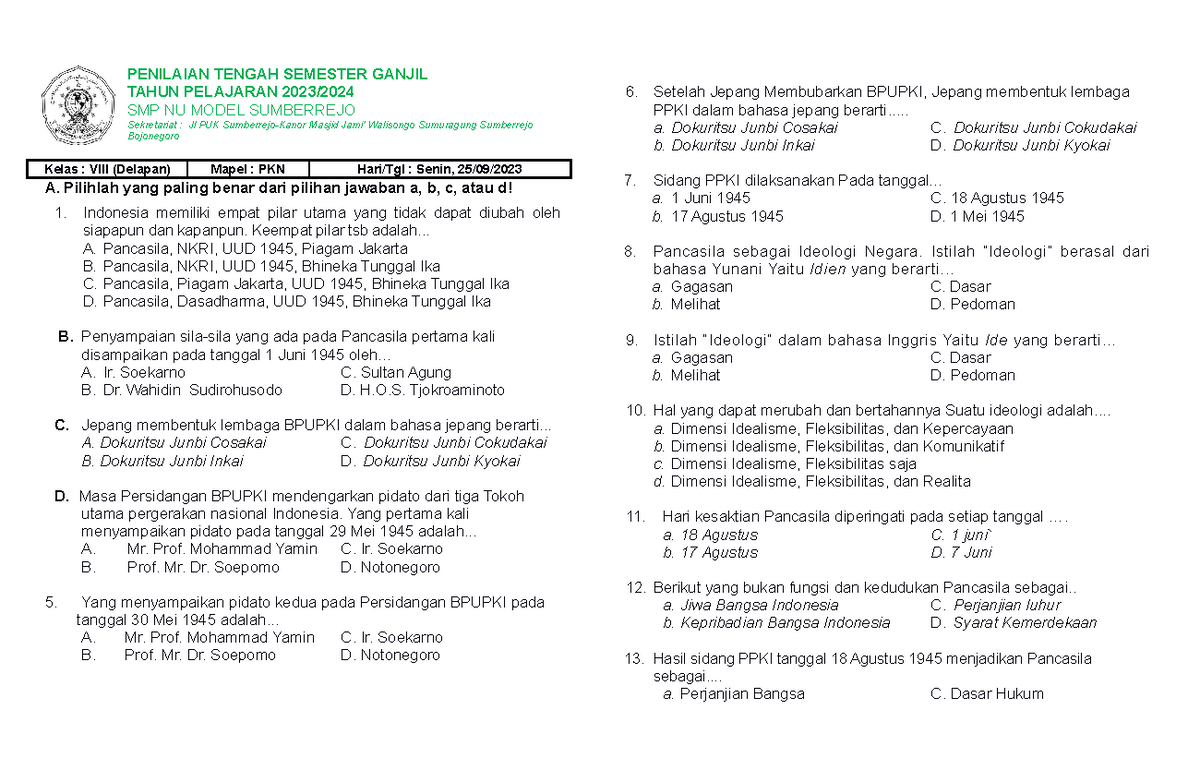 SOAL PTS 1 PKN VIII - PENILAIAN TENGAH SEMESTER GANJIL TAHUN PELAJARAN 2023/ SMP NU MODEL ...