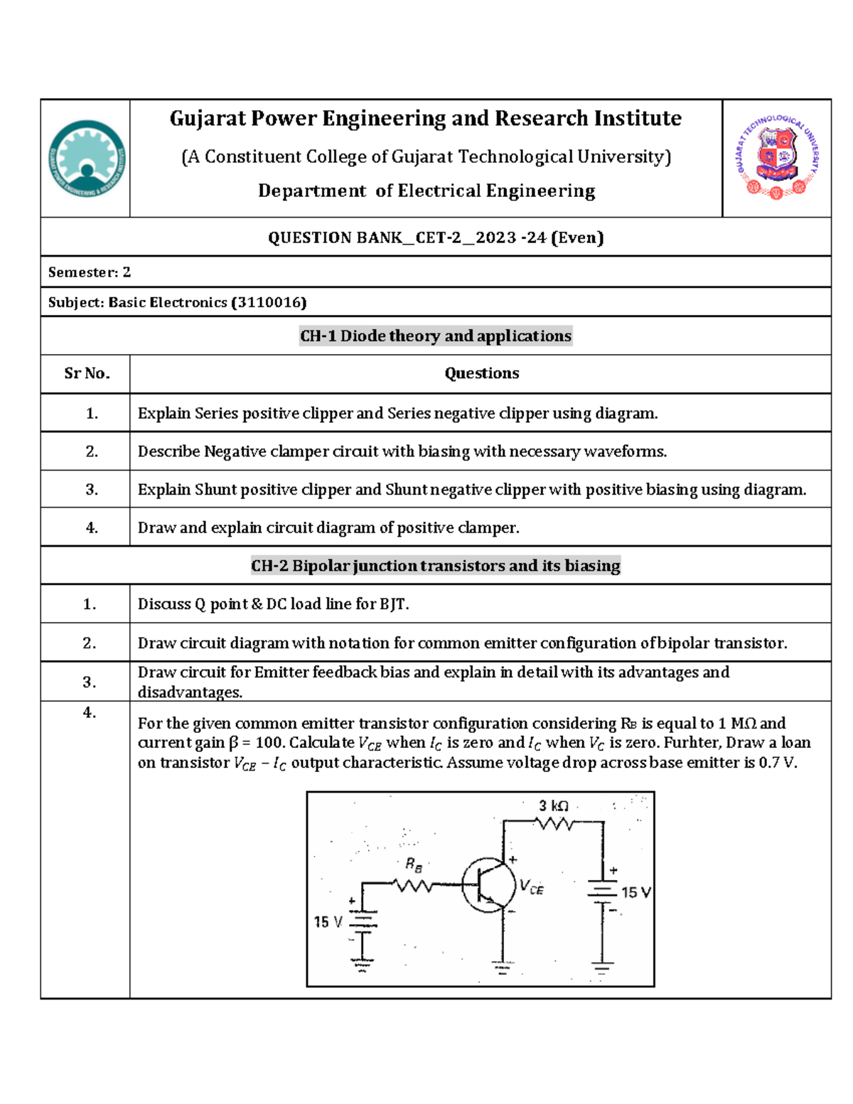 Basic Electronics Question Bank CET-2 - Gujarat Power Engineering and ...