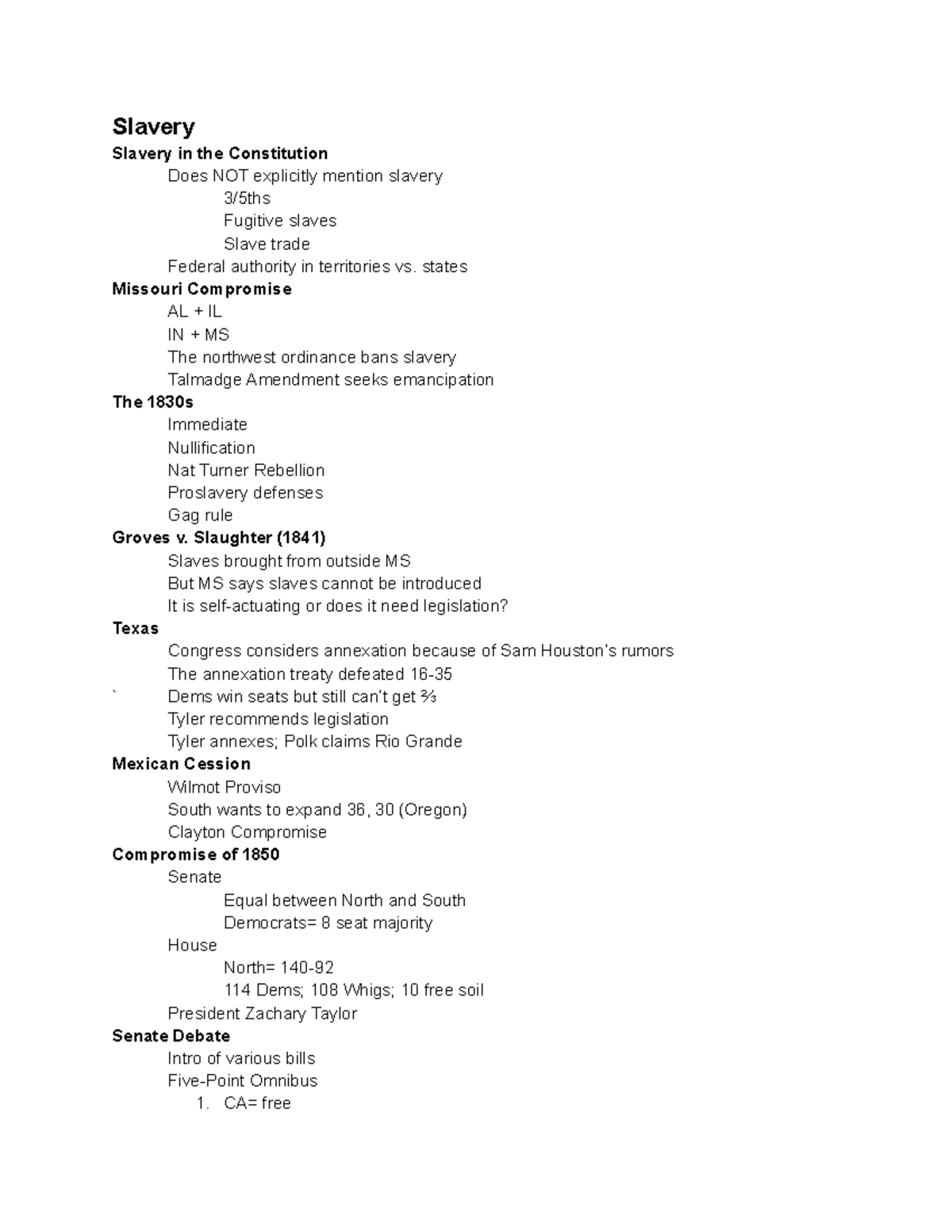 Poli Sci Exam #4 outline - Slavery Slavery in the Constitution Does NOT ...