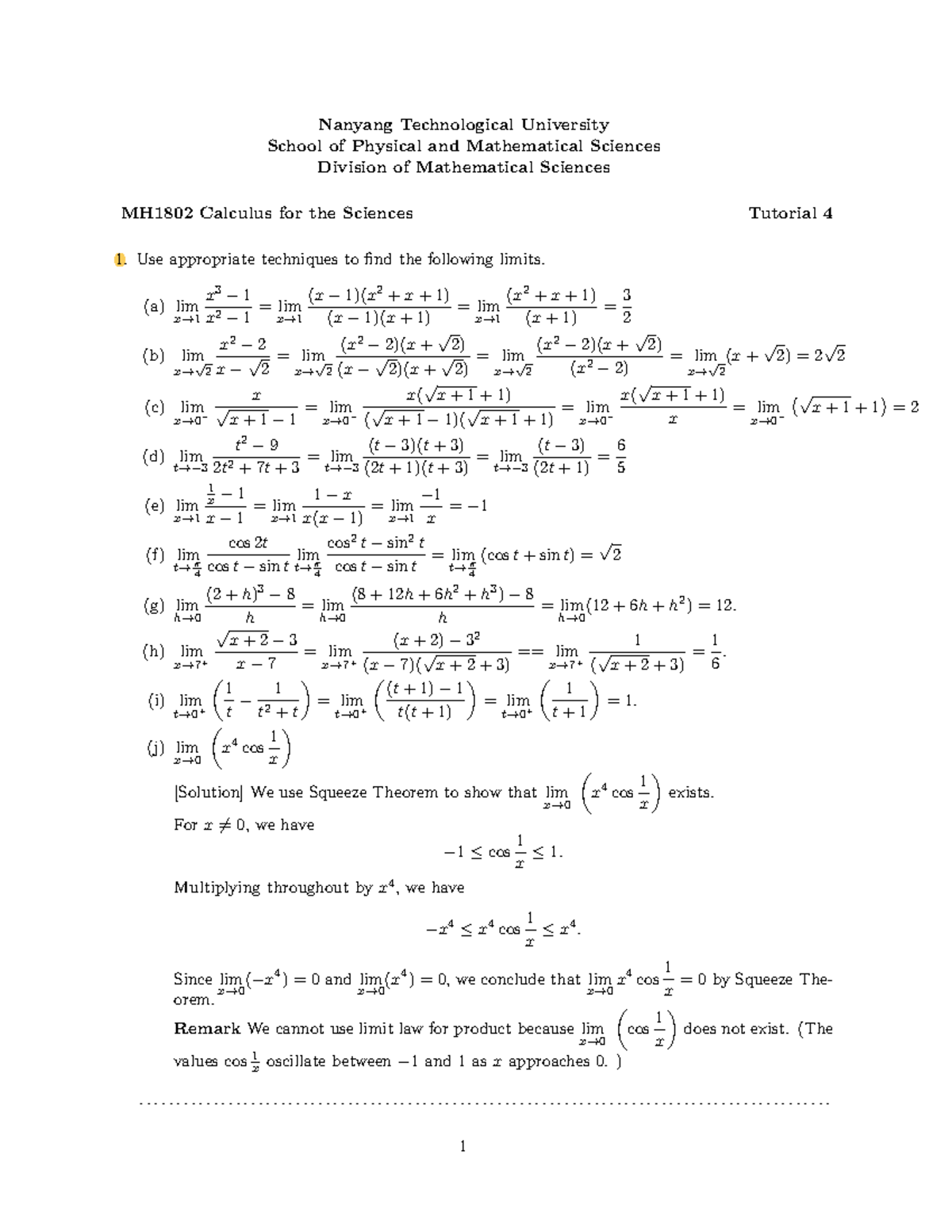 Tutorial 4 solutions - Nanyang Technological University School of Physical and Mathematical ...