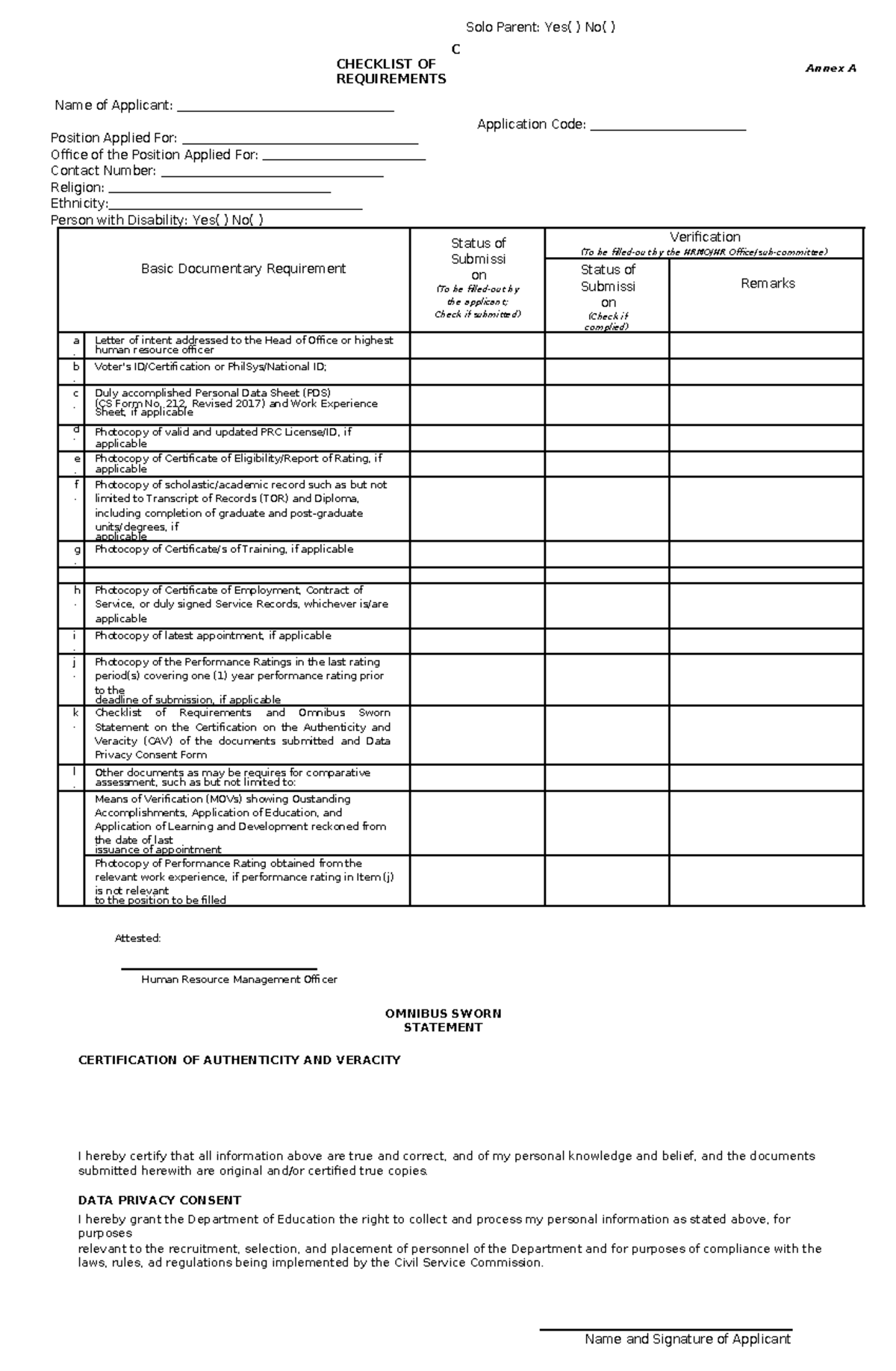 Annex C Checklist of Requirements - C CHECKLIST OF REQUIREMENTS Name of Applicant: Position ...