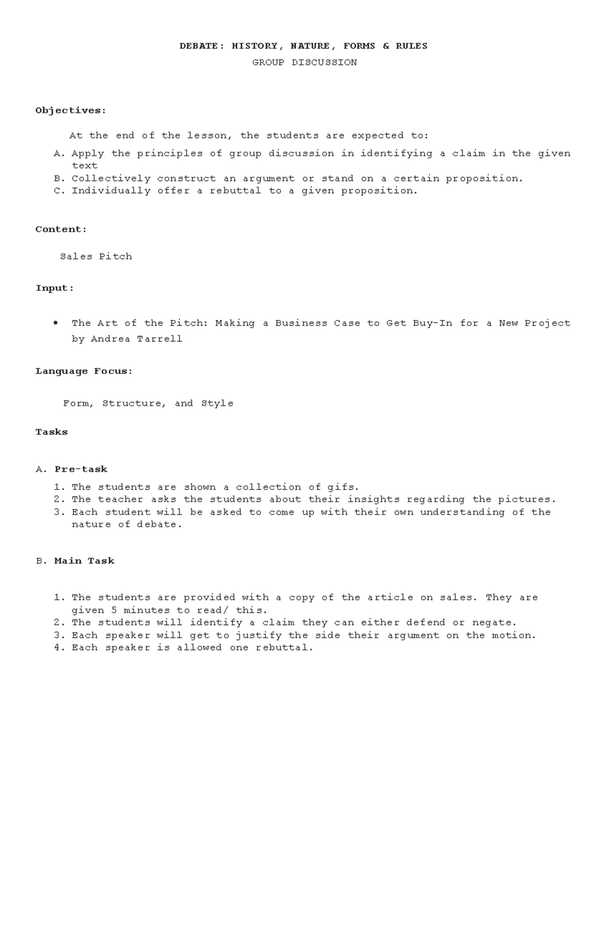 Tasked-Based Lesson plan for Debate - DEBATE: HISTORY, NATURE, FORMS ...